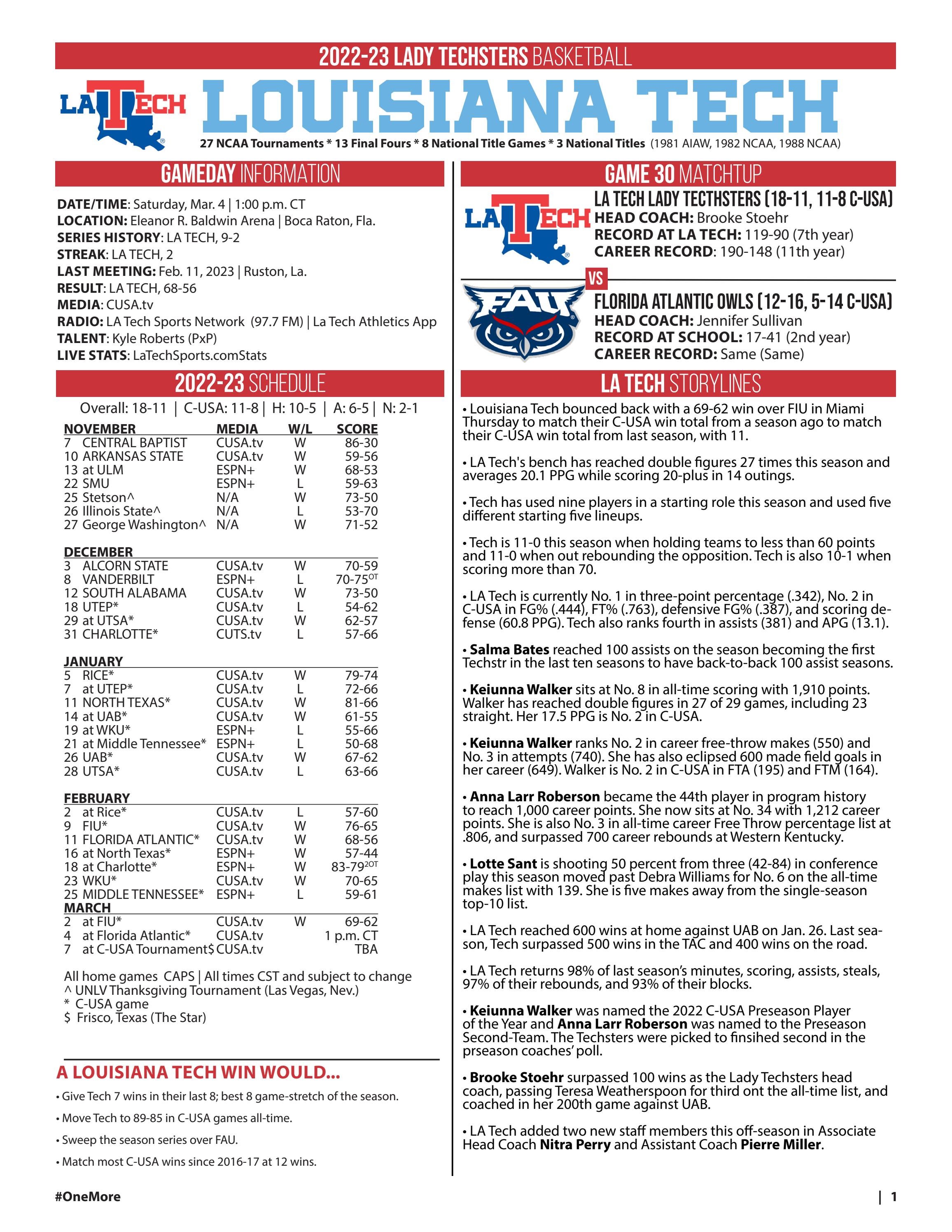 Gm 30_FAU_Game Notes by Louisiana Tech Athletics - Issuu