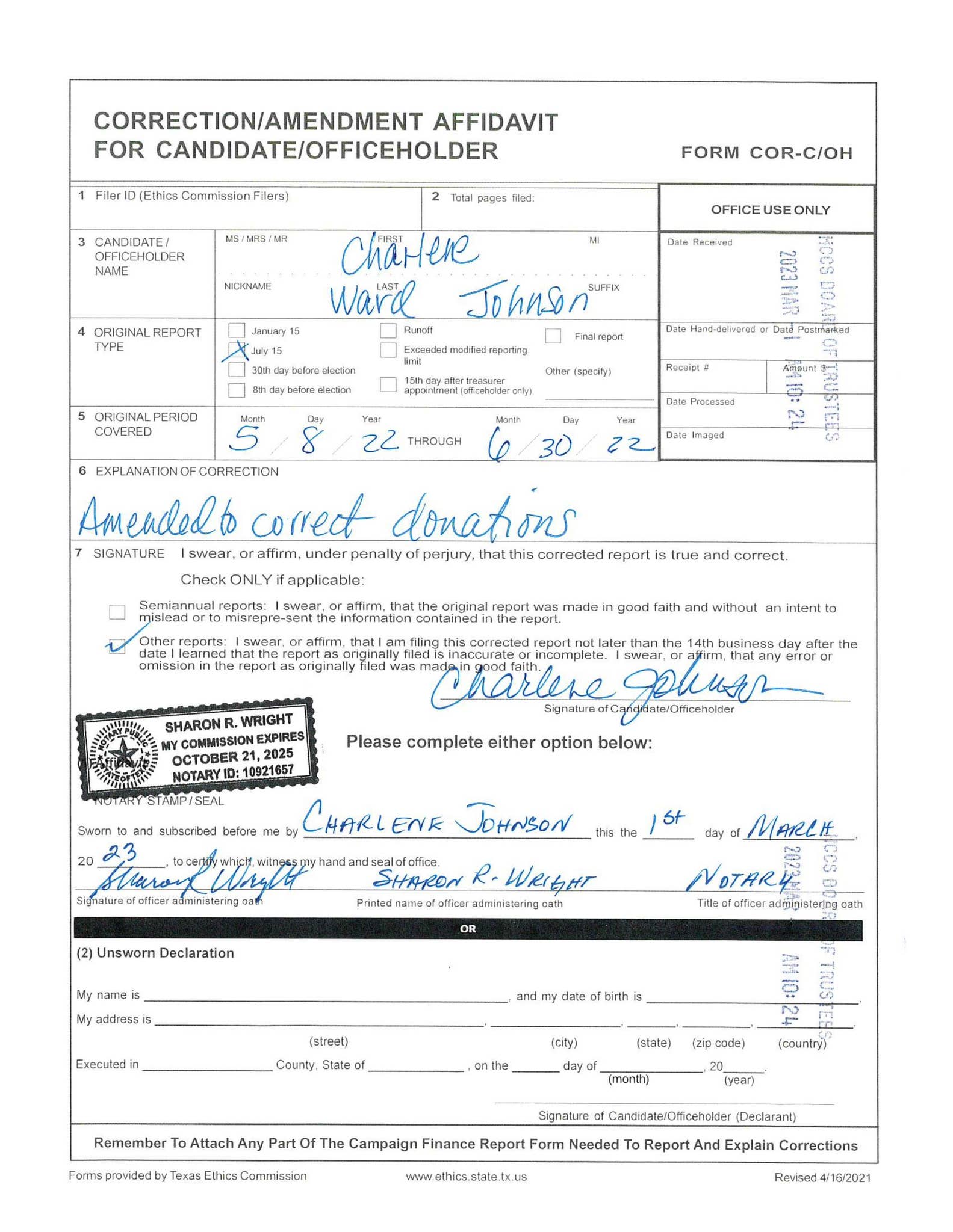 Charlene Ward Johnson Corrected her May 8th thru June 30, 2022 ...