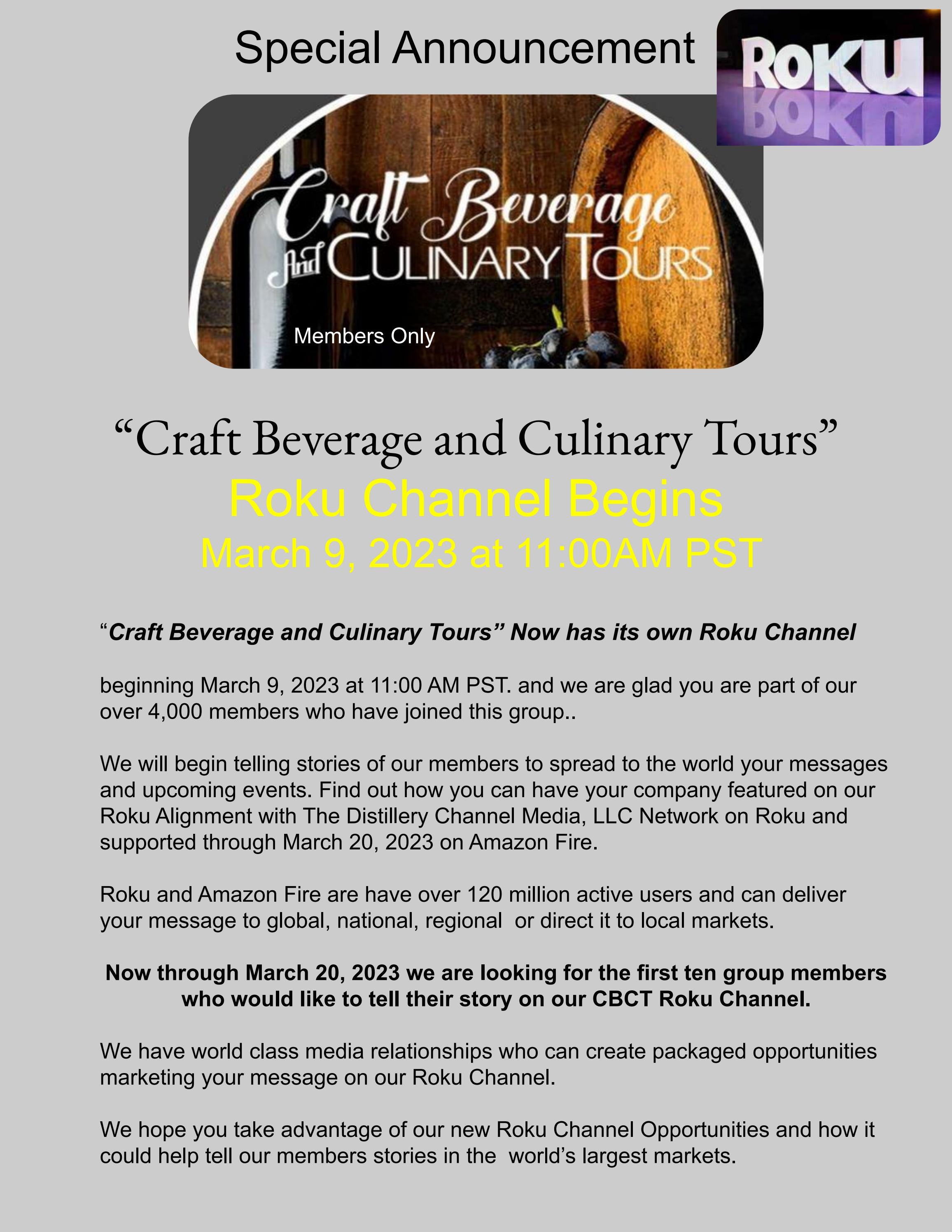 Craft Beverage and Culinary Tours Roku Channel by The Distillery ...