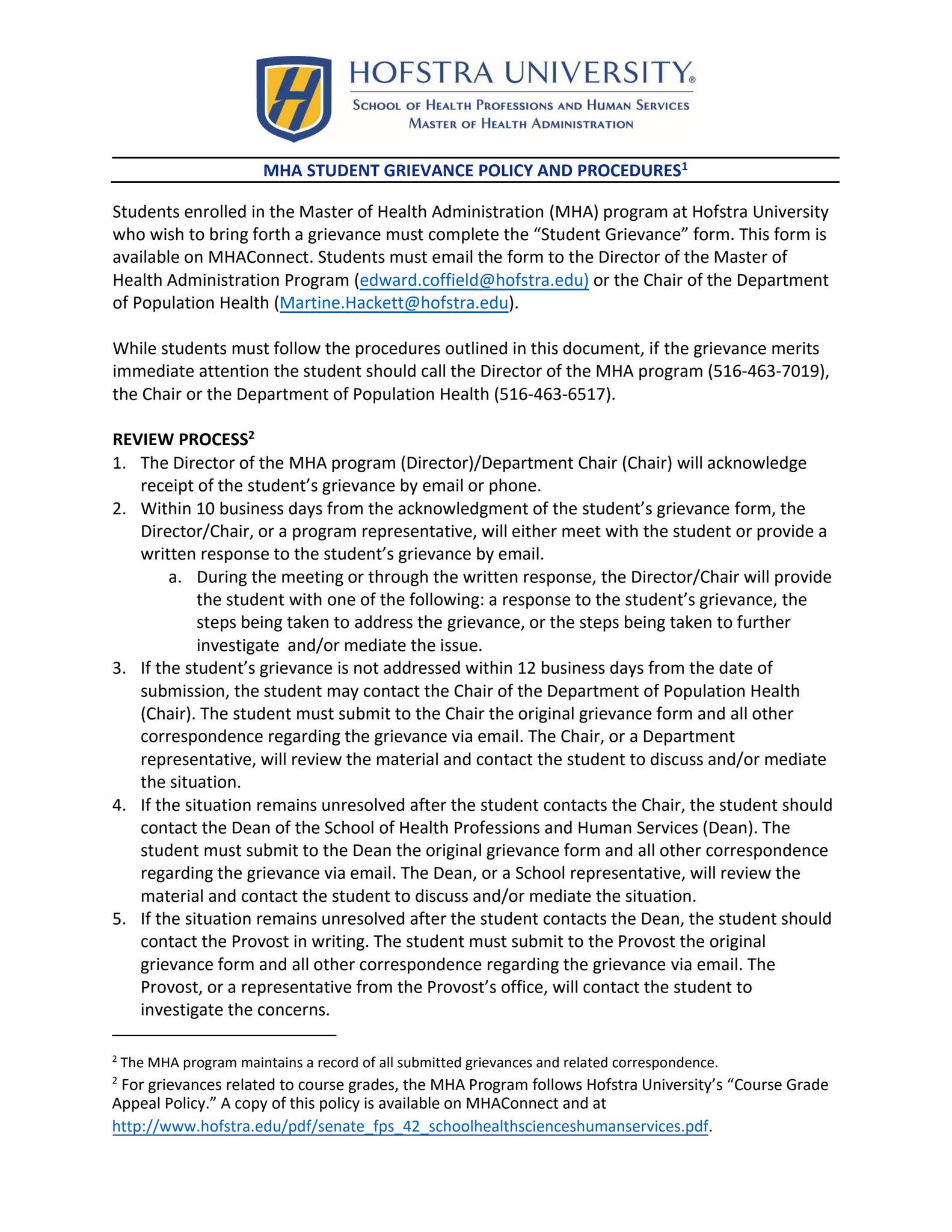 MHA Student Grievance Policy and Procedures - Hofstra University by ...