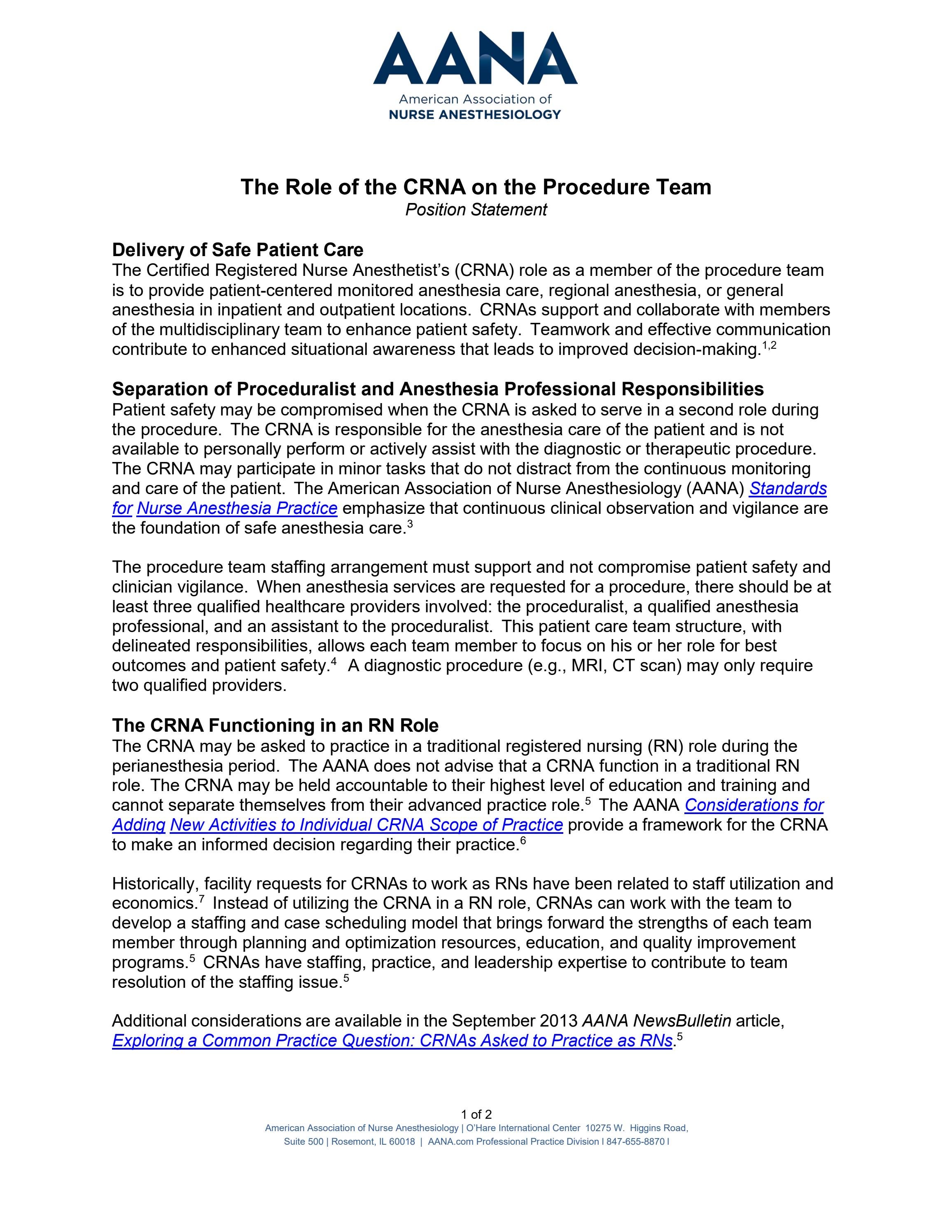 The Role of the CRNA on the Procedure Team by aanapublishing - Issuu