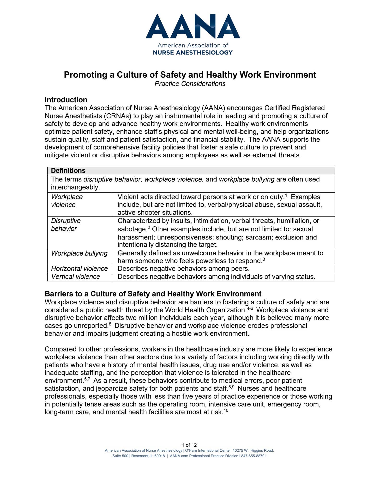Promoting a Culture of Safety and Healthy Work Environment by ...