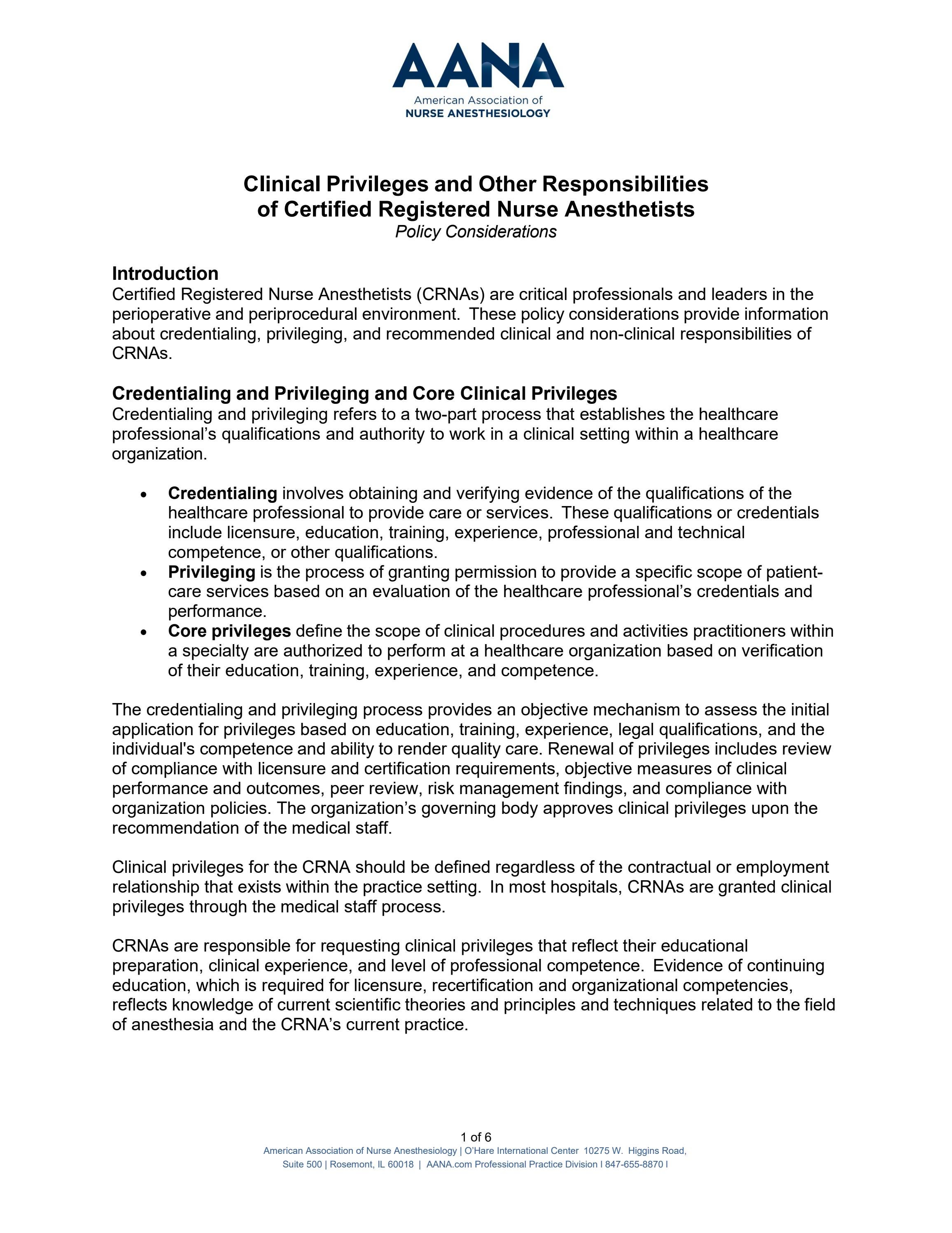 Clinical Privileges and Other Responsibilities of Certified Registered ...