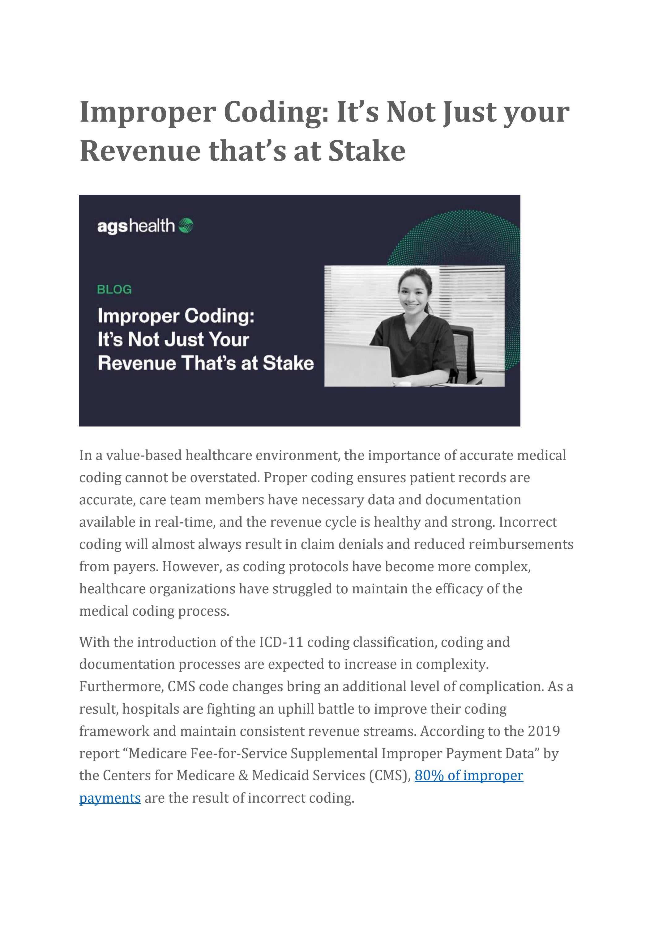 Improper Coding: It’s Not Just your Revenue that’s at Stake by AGSHealth_ - Issuu