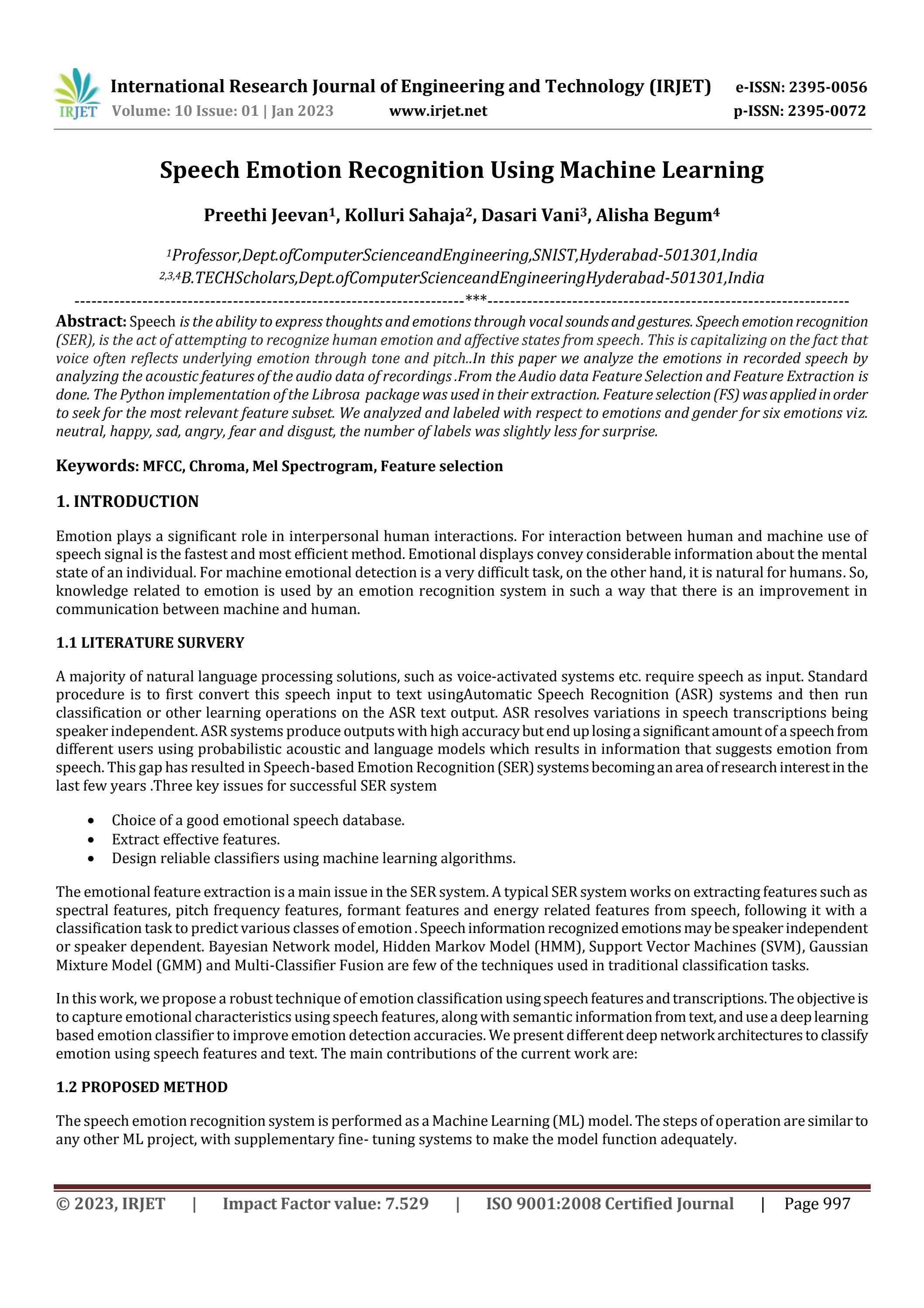 Speech Emotion Recognition Using Machine Learning by IRJET Journal - Issuu
