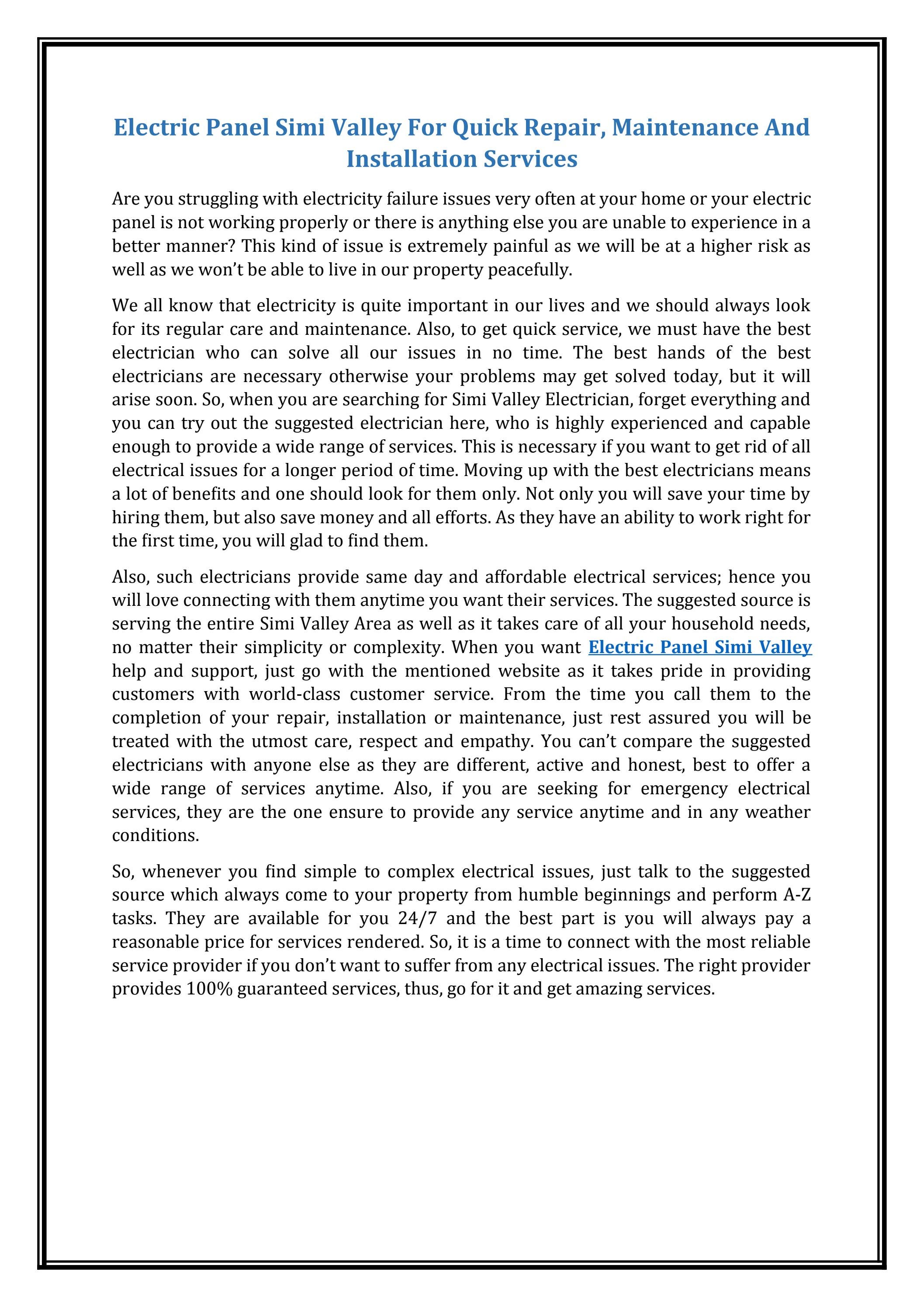 Electric Panel Simi Valley For Quick Repair, Maintenance And ...