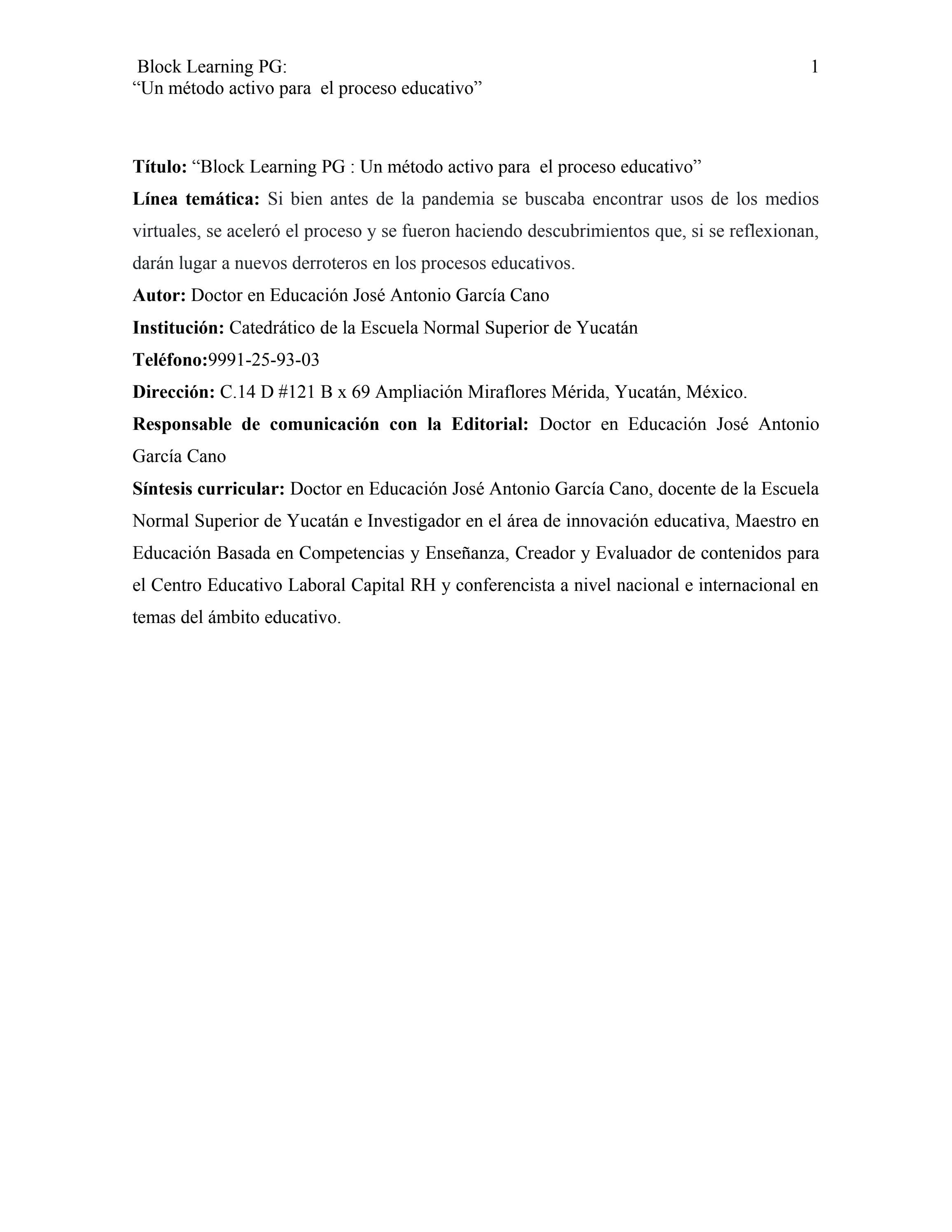 Block Learning PG: “Un Método activo para el proceso Educativo" by ...