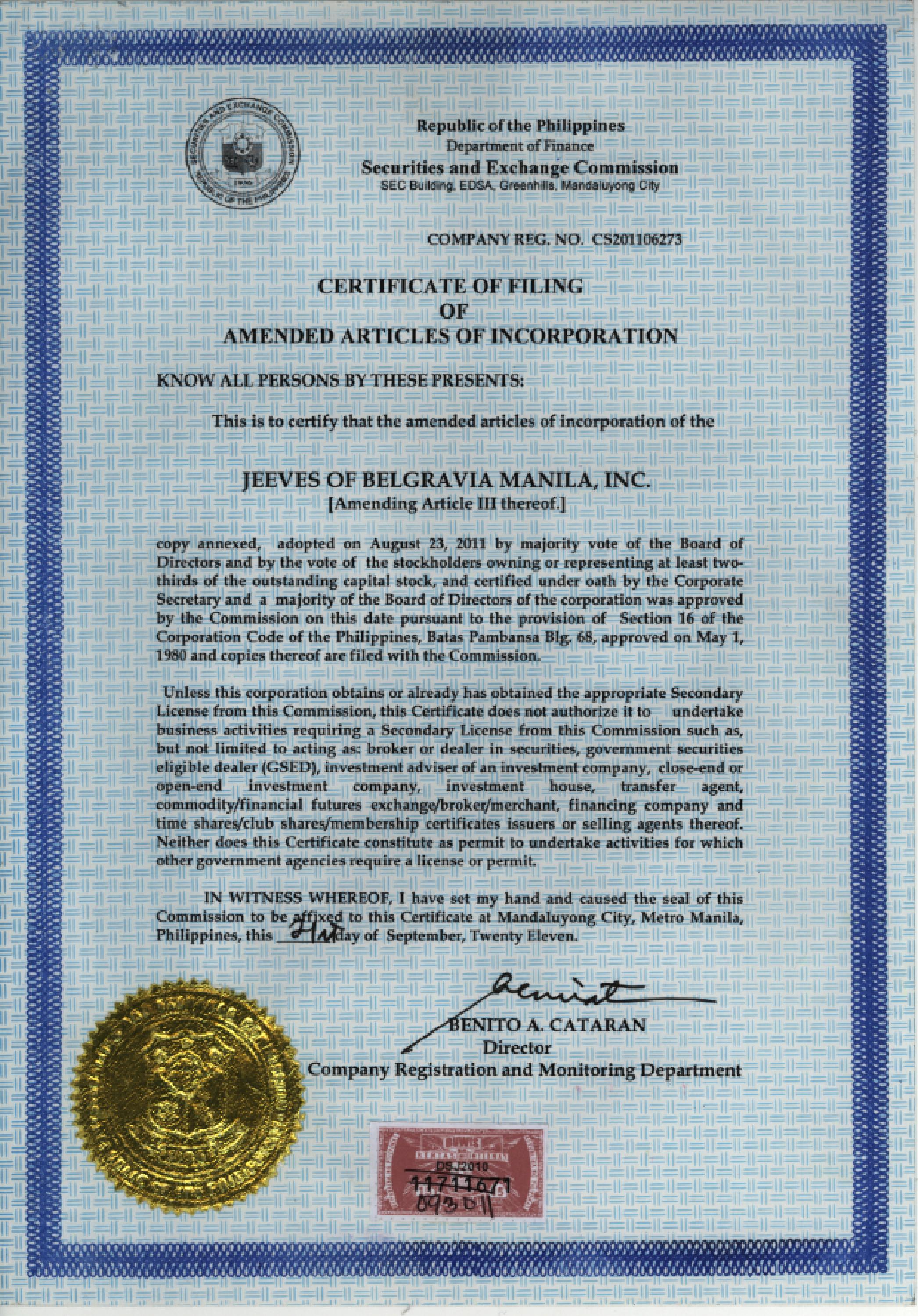 Jeeves of Belgravia Manila Certificate of Registration by Jeeves of ...