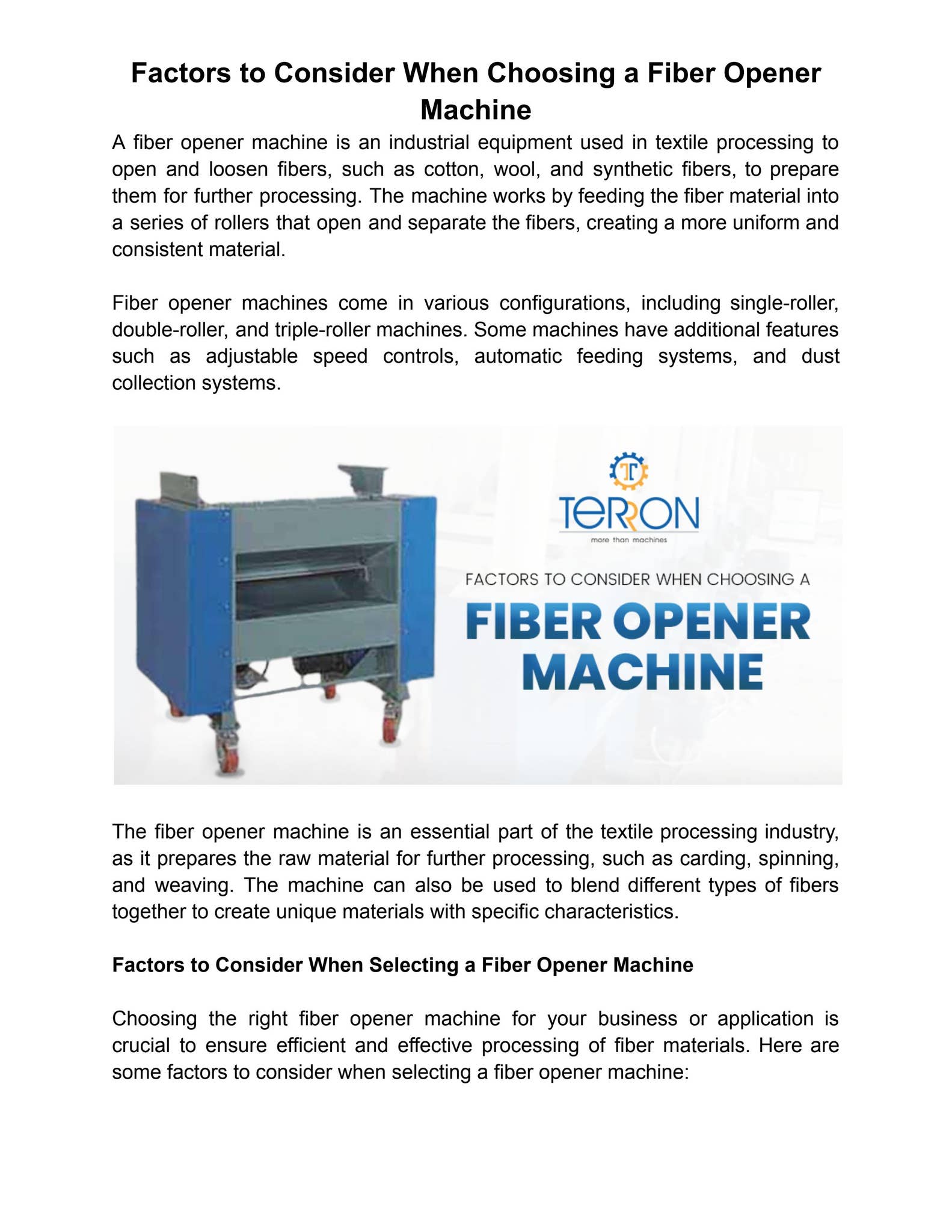 Factors to Consider When Choosing a Fiber Opener Machine by Terron ...