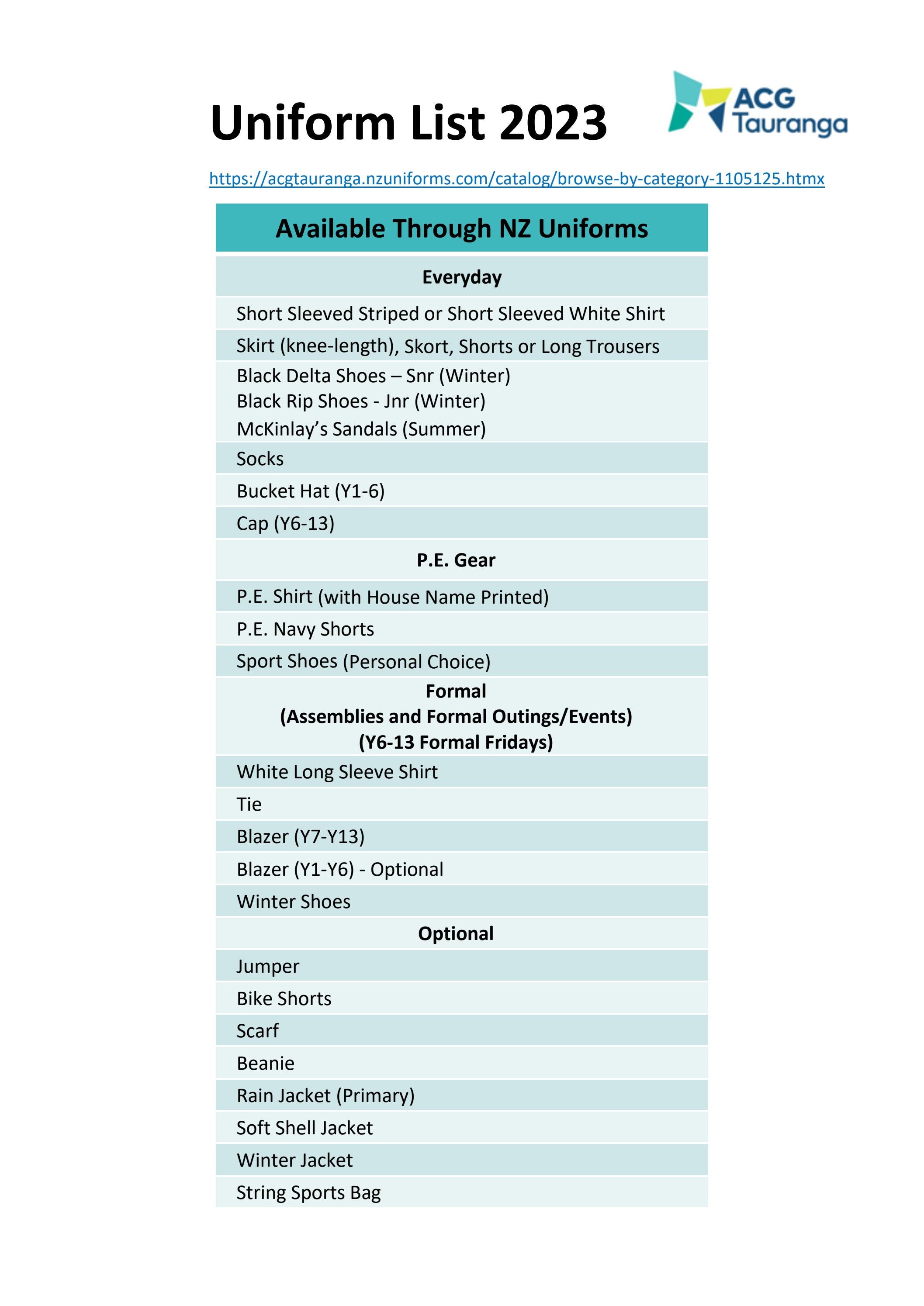 ACG Tauranga - 2023 Uniform List (Mar'23) by ACG Schools - Issuu