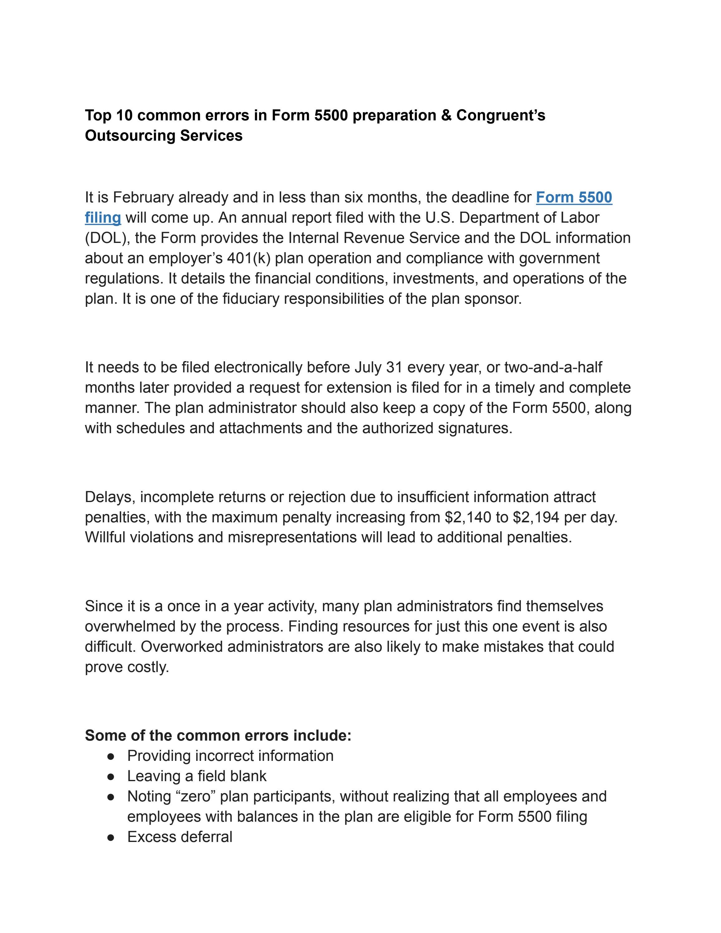 Top 10 common errors in Form 5500 preparation & Congruent’s Outsourcing ... Top 10 common errors in Form 5500 preparation & Congruent’s Outsourcing ...