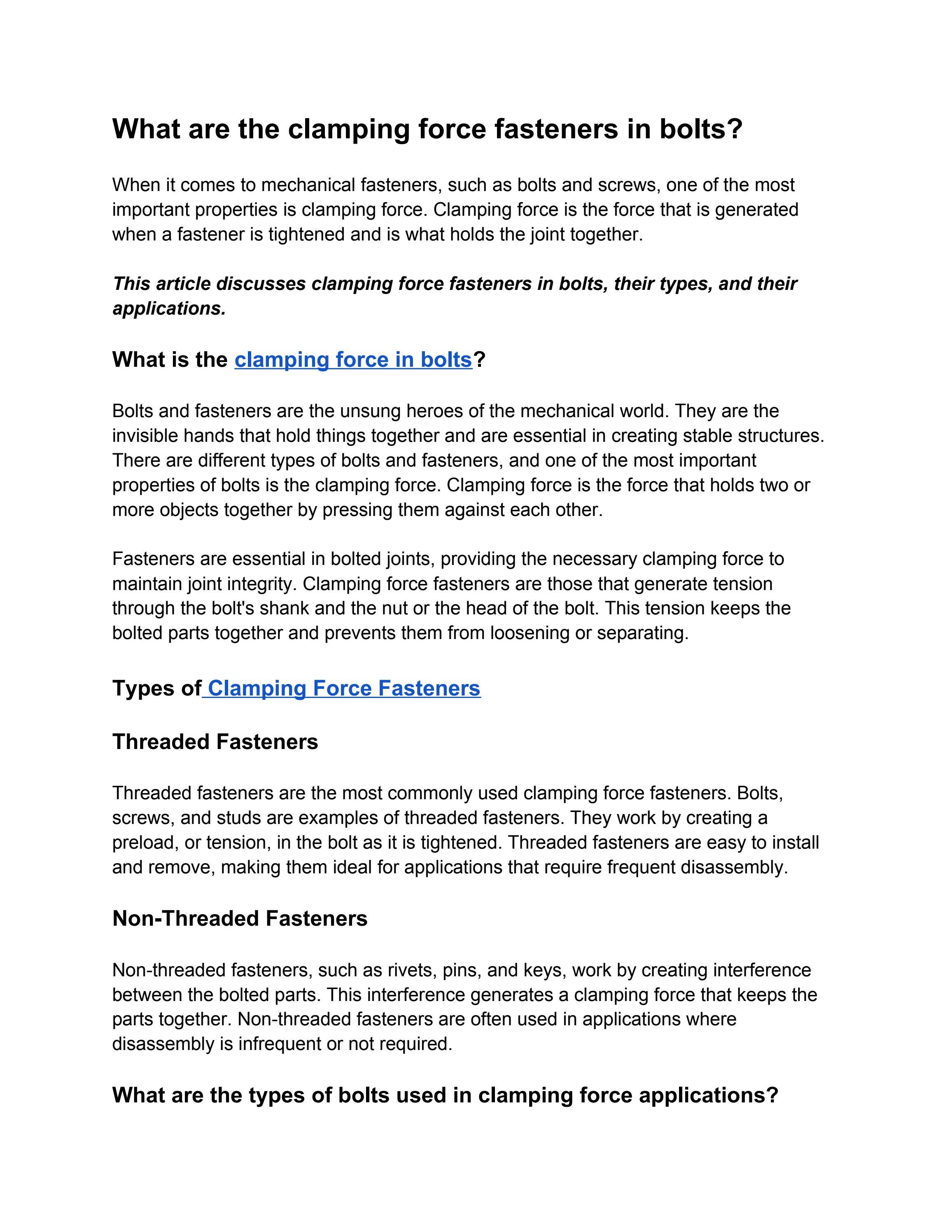 What are the clamping force fasteners in bolts-Birla Precision by ...