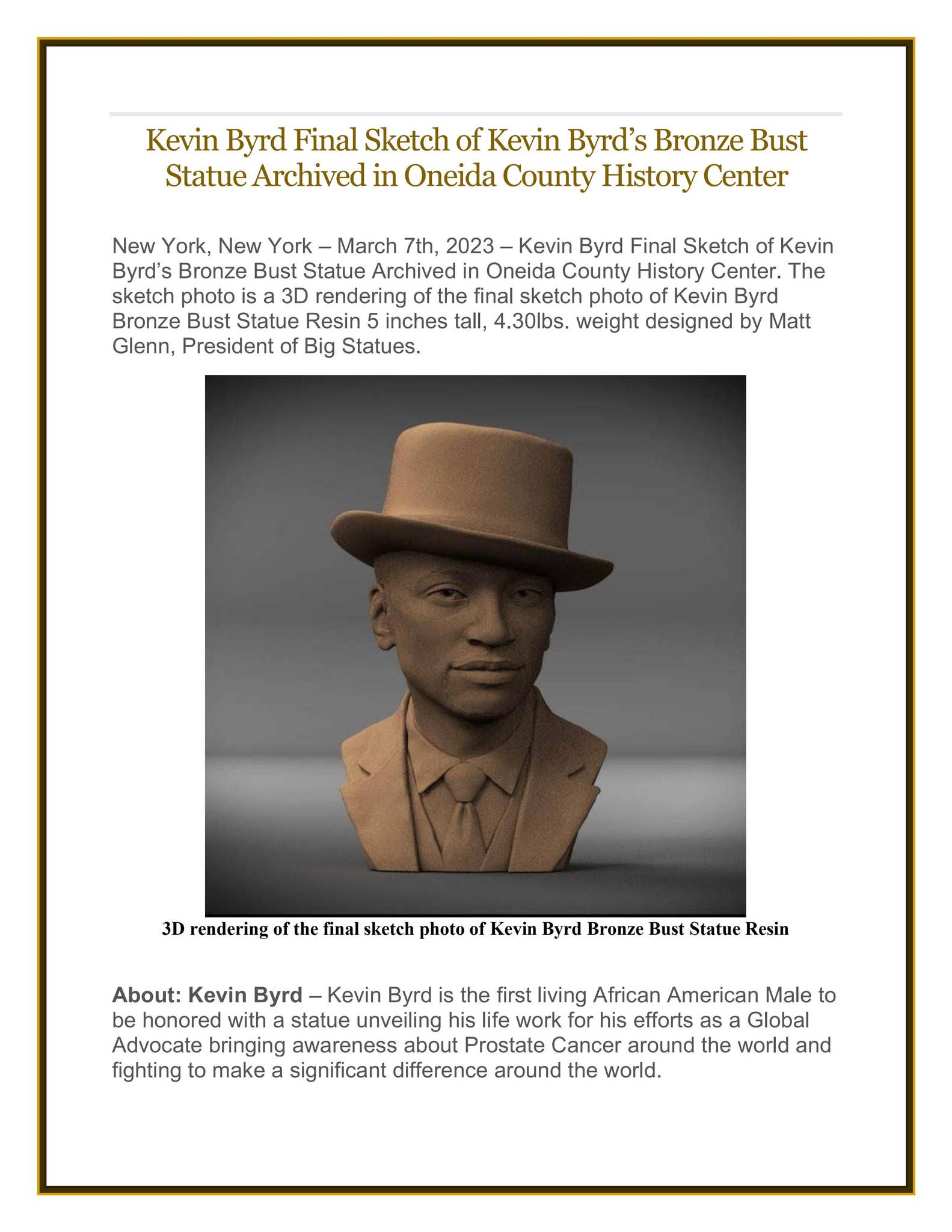 Kevin Byrd Final Sketch of Kevin Byrd's Bronze Bust Archived in Oneida ...