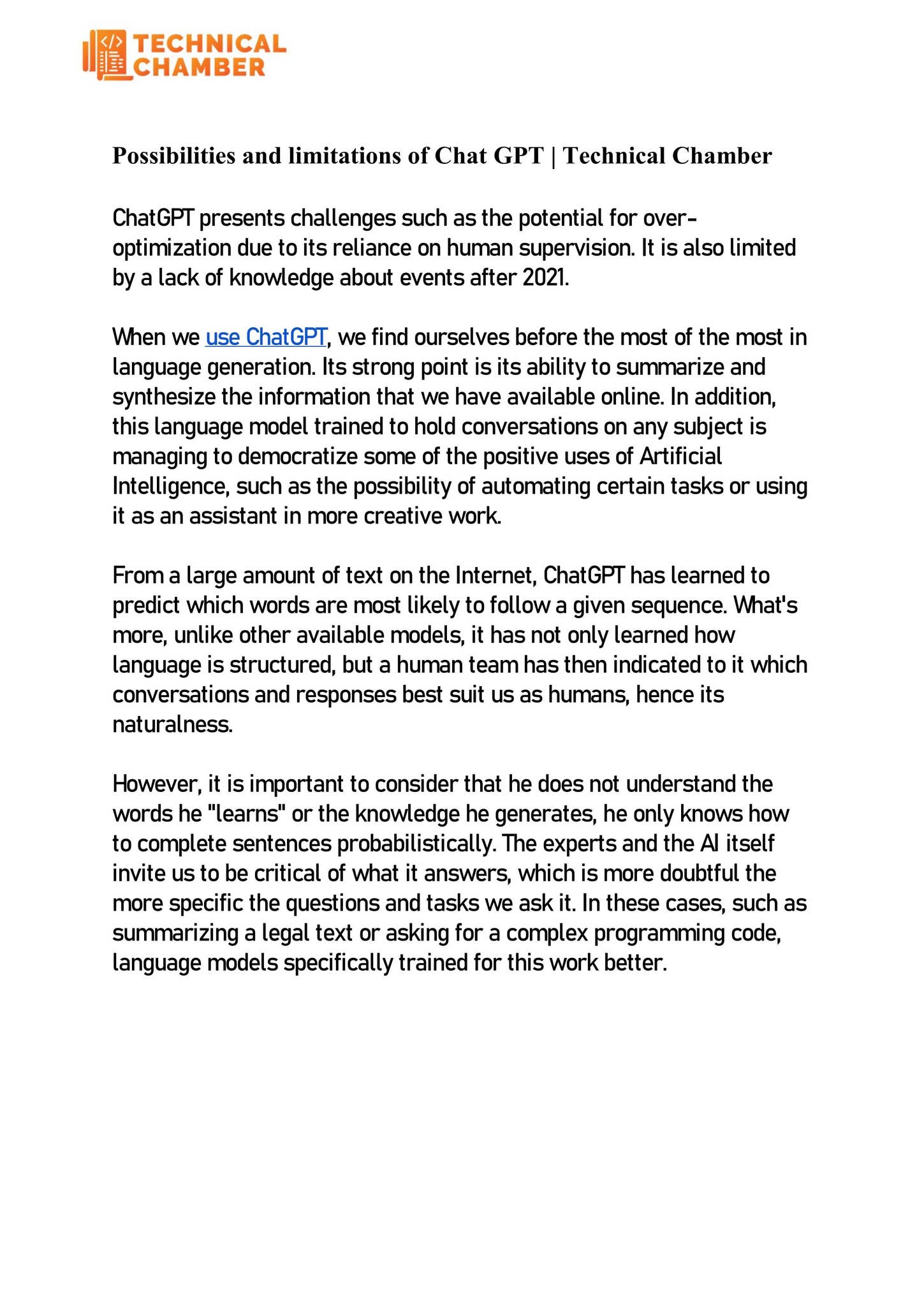 Possibilities and Limitation of Chat GPT | Technical Chamber by ...