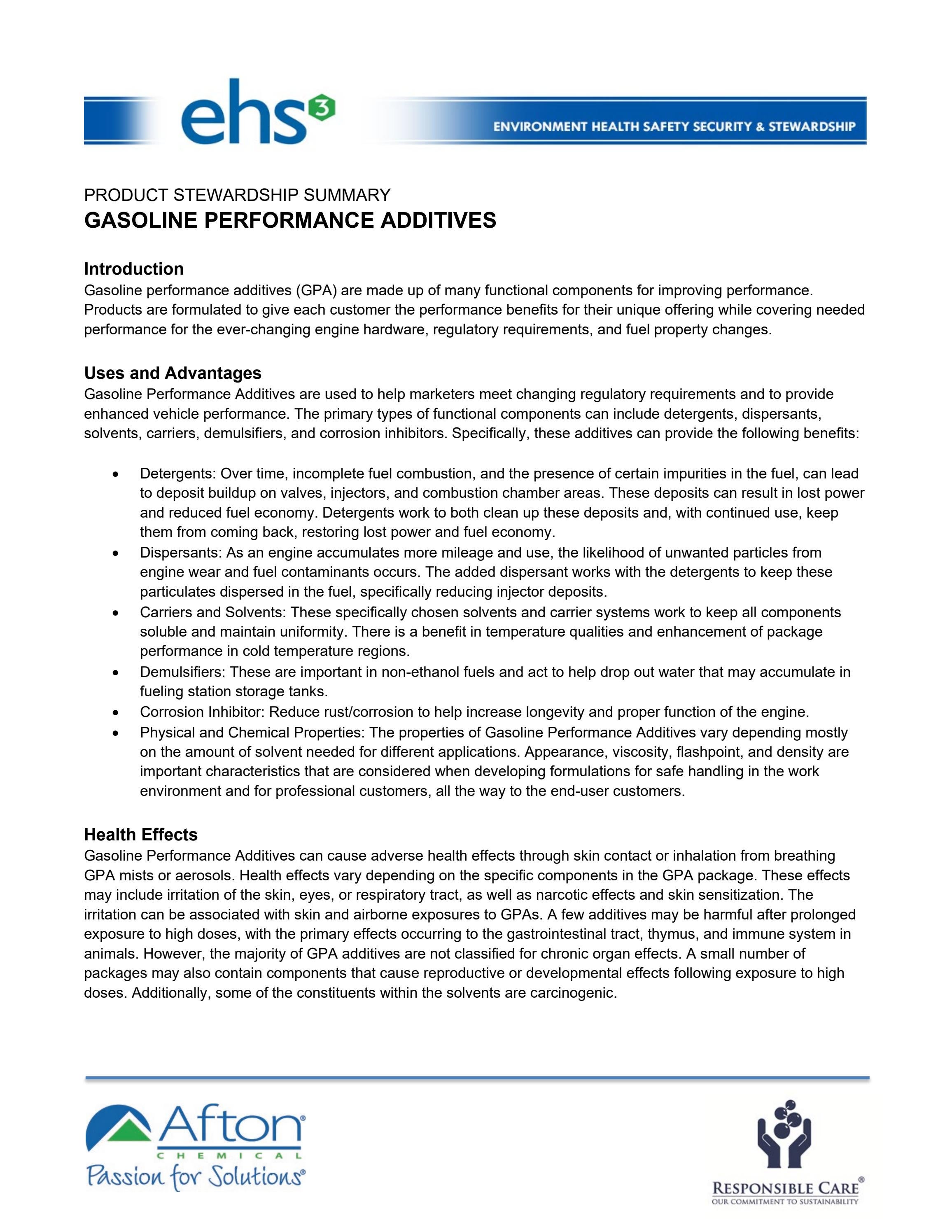 Gasoline Petroleum Additives - Product Stewardship Summary by Afton ...
