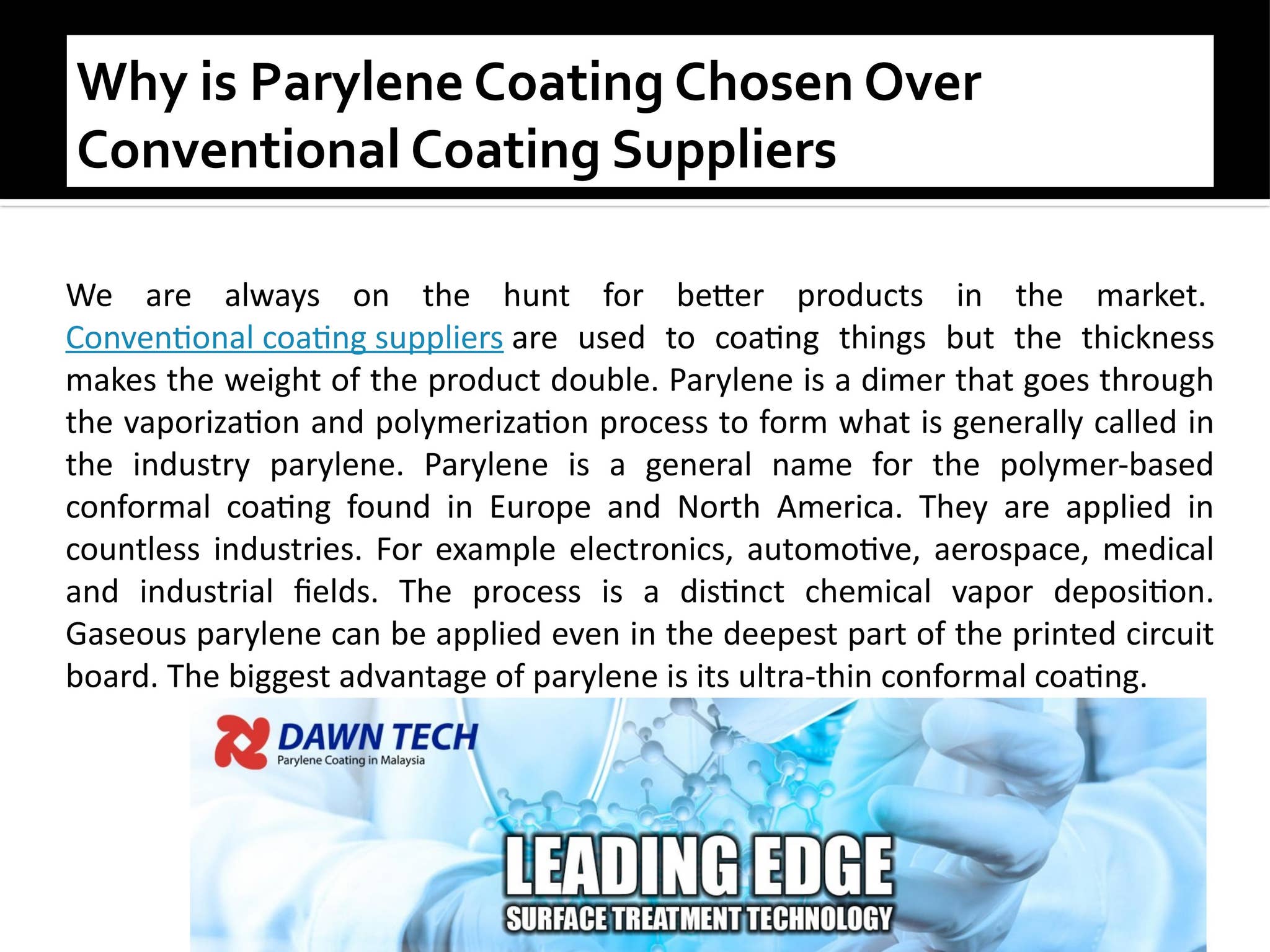 Why is Parylene Coating Chosen Over Conventional Coating Suppliers by Dawn Technologies - Issuu