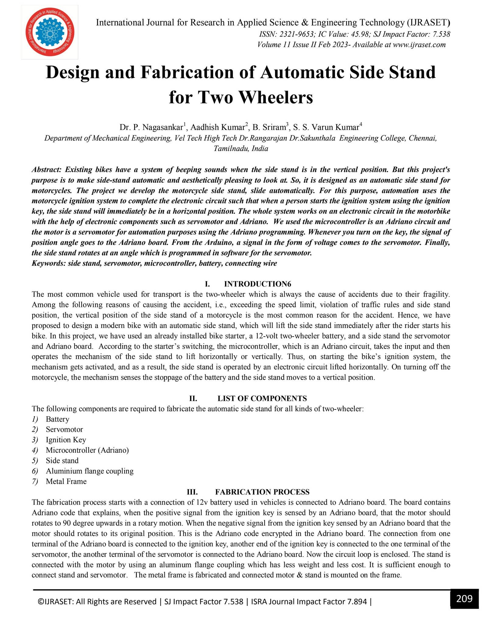 Design and Fabrication of Automatic Side Stand for Two Wheelers by ...