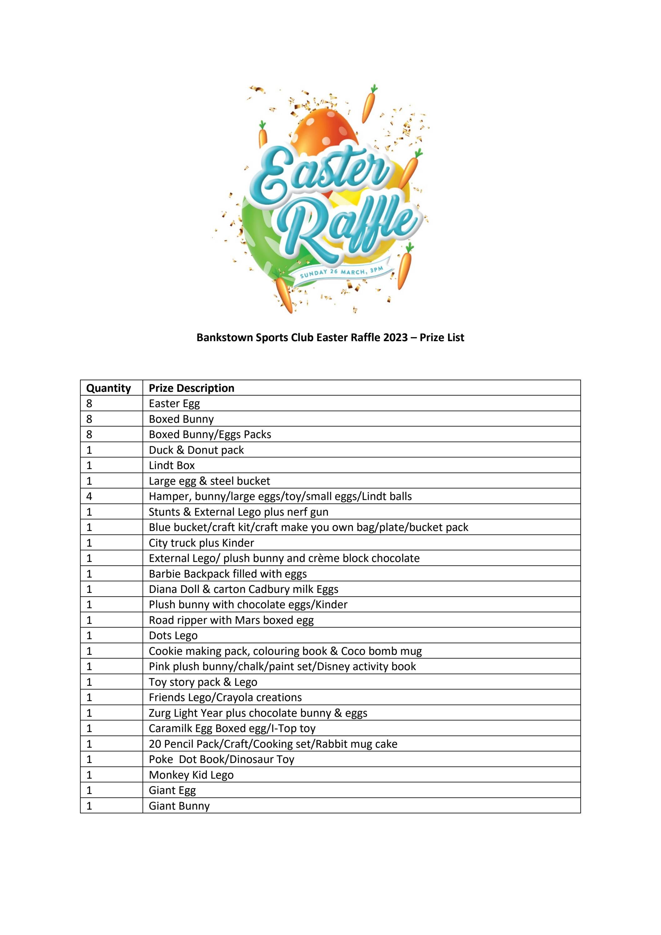 BSC Easter Raffle - Prize List by Bankstown Sports Club - Issuu