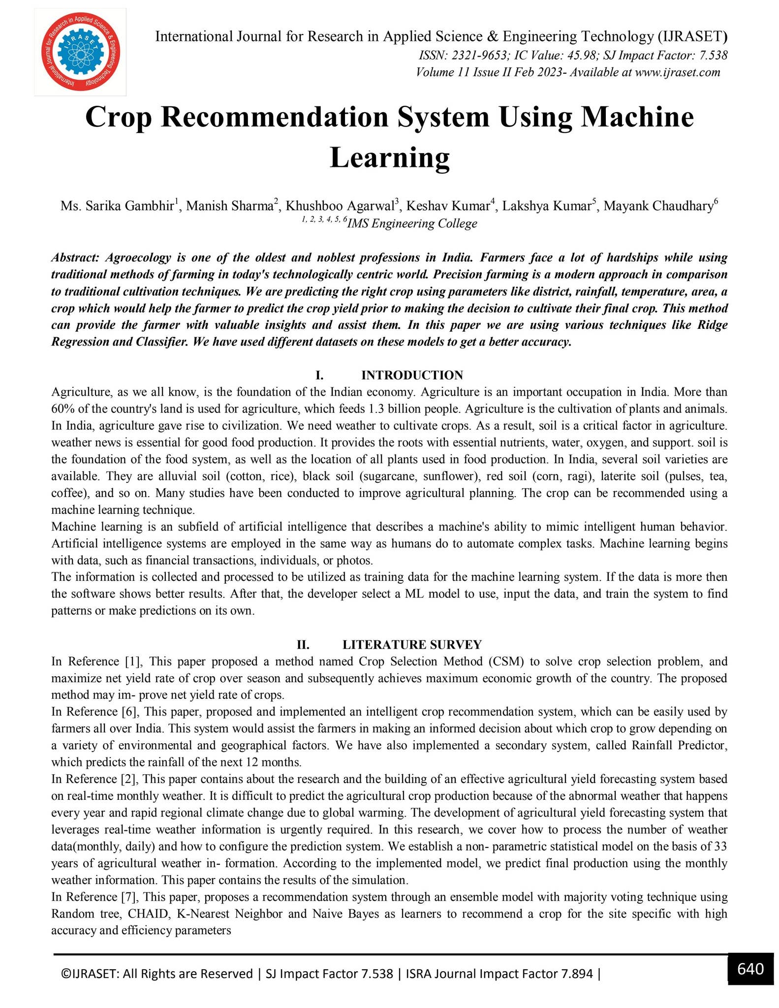 Crop Recommendation System Using Machine Learning by IJRASET - Issuu
