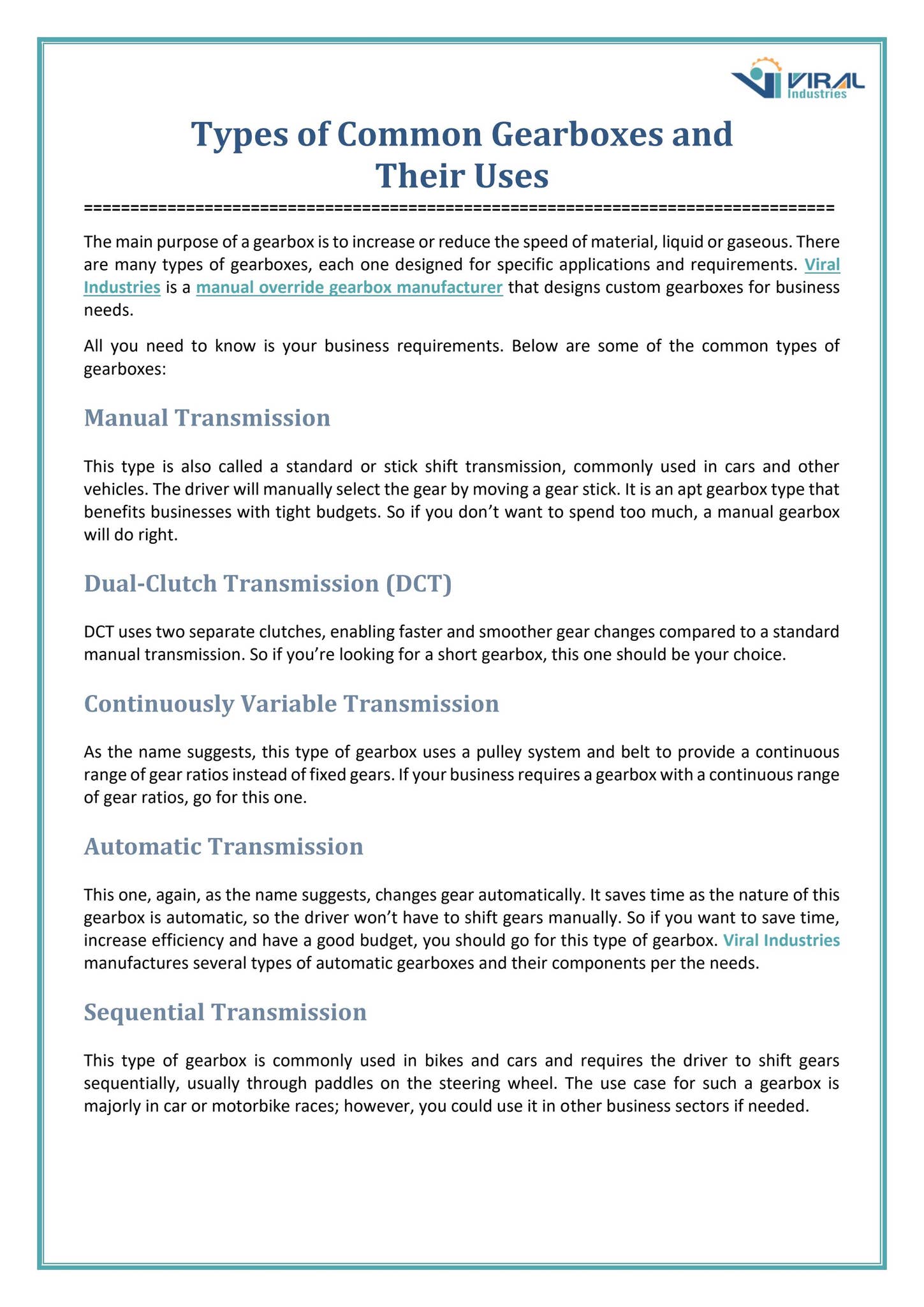 Types of Common Gearboxes and Their Uses by Viral Industries - Issuu