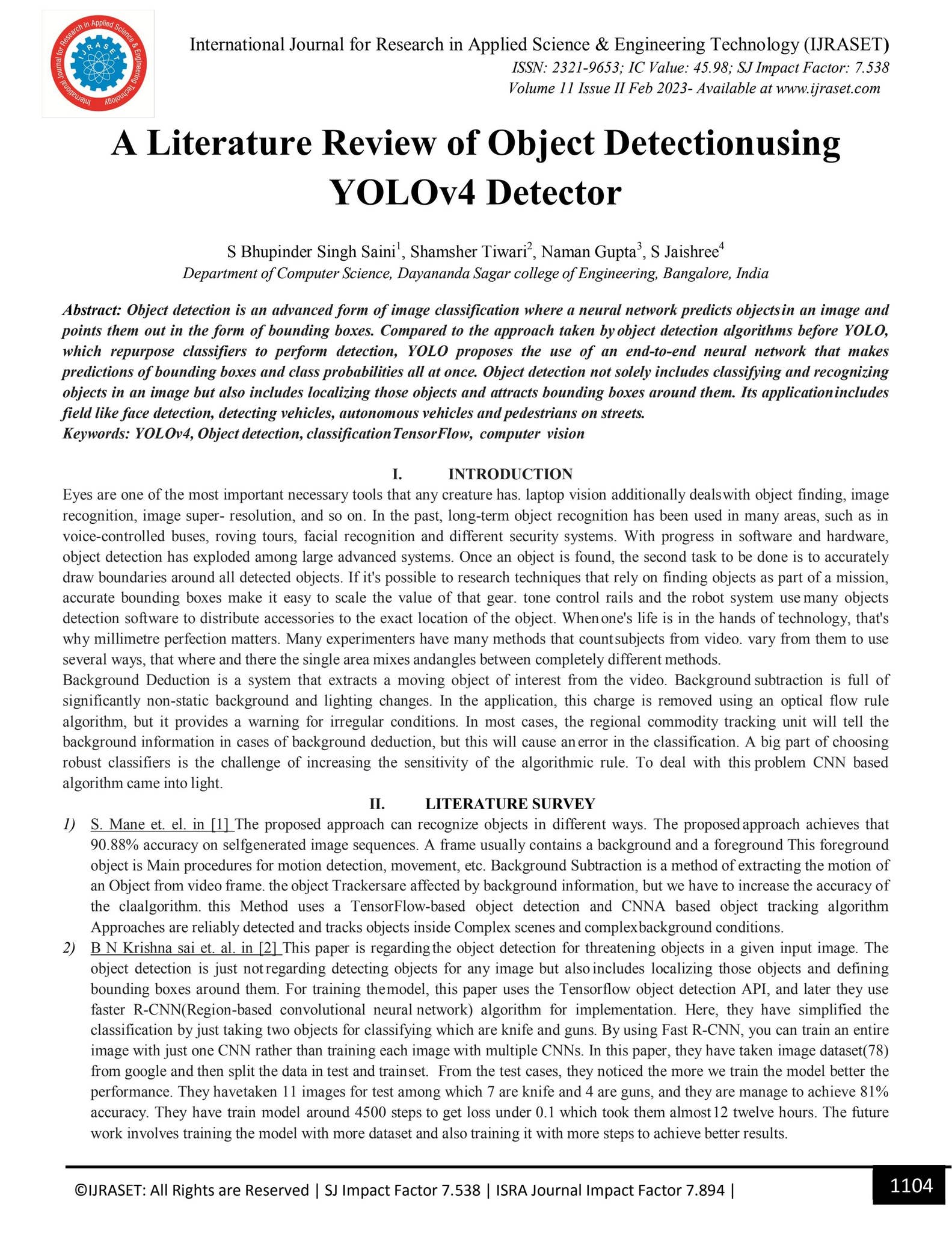 A Literature Review of Object Detection using YOLOv4 Detector by IJRASET - Issuu