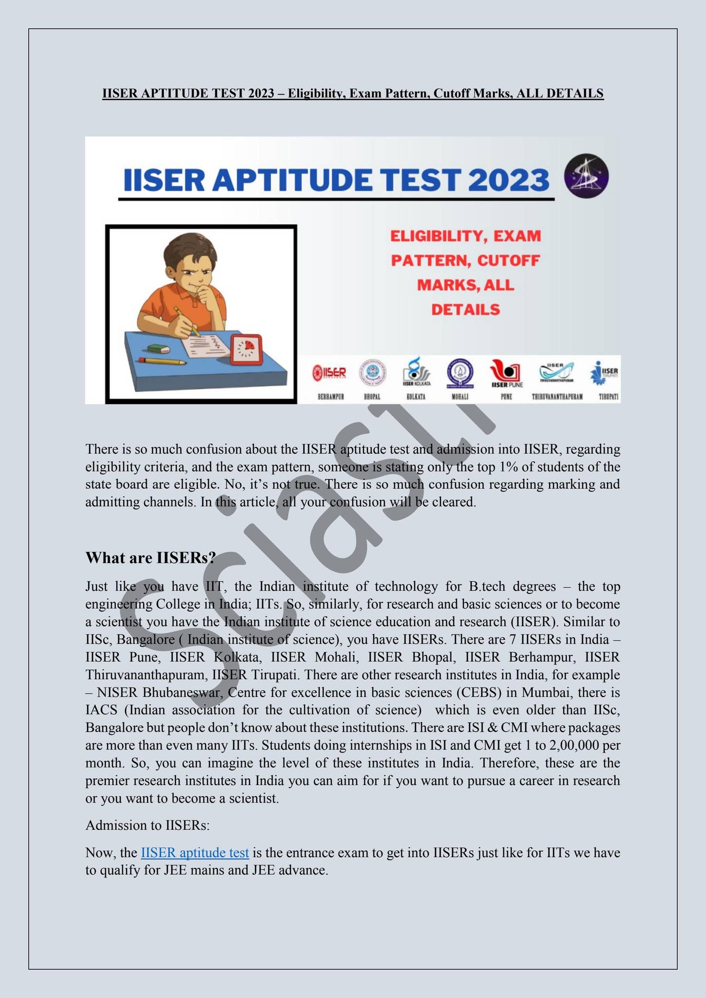 IISER APTITUDE TEST 2023 – Eligibility, Exam Pattern, Cutoff Marks, ALL ...