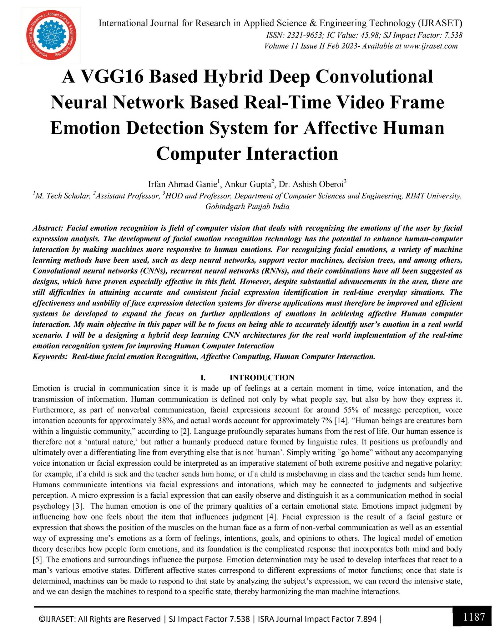 A VGG16 Based Hybrid Deep Convolutional Neural Network Based Real Time ...