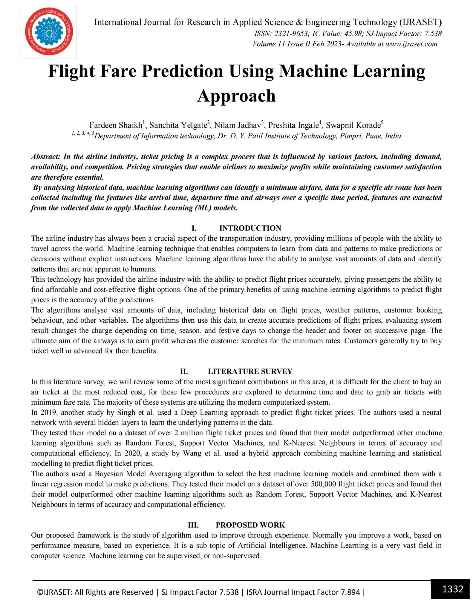 Flight Fare Prediction Using Machine Learning Approach by IJRASET - Issuu