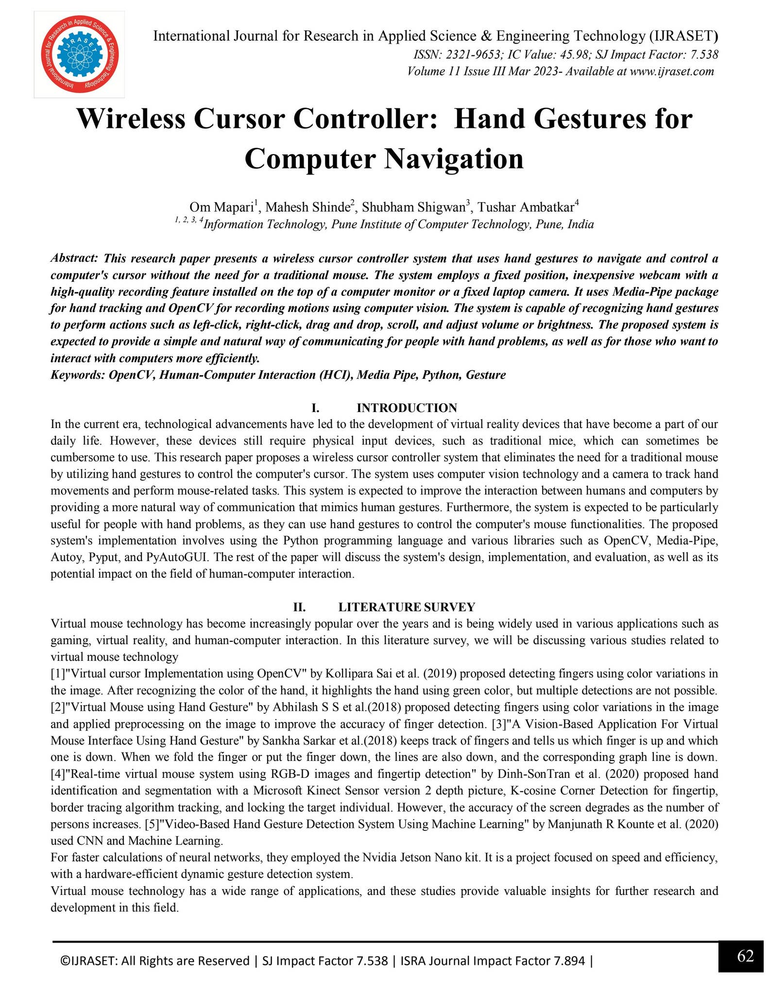 Wireless Cursor Controller Hand Gestures for Computer Navigation by ...