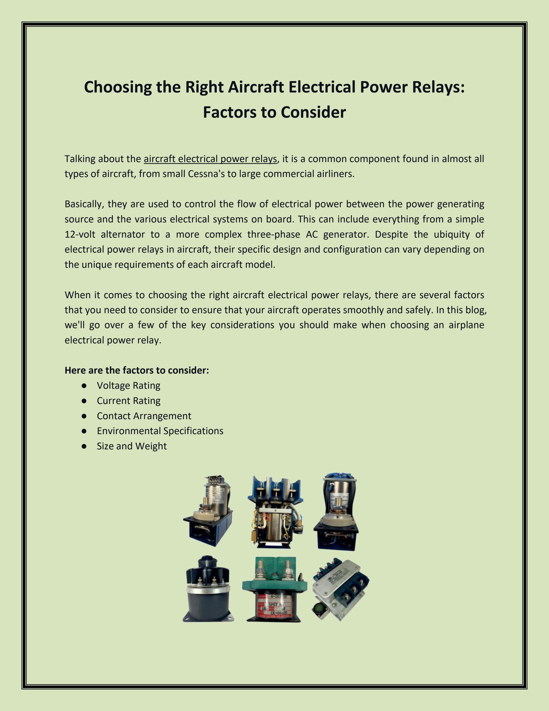 Choosing the Right Aircraft Electrical Power Relays: Factors to ...
