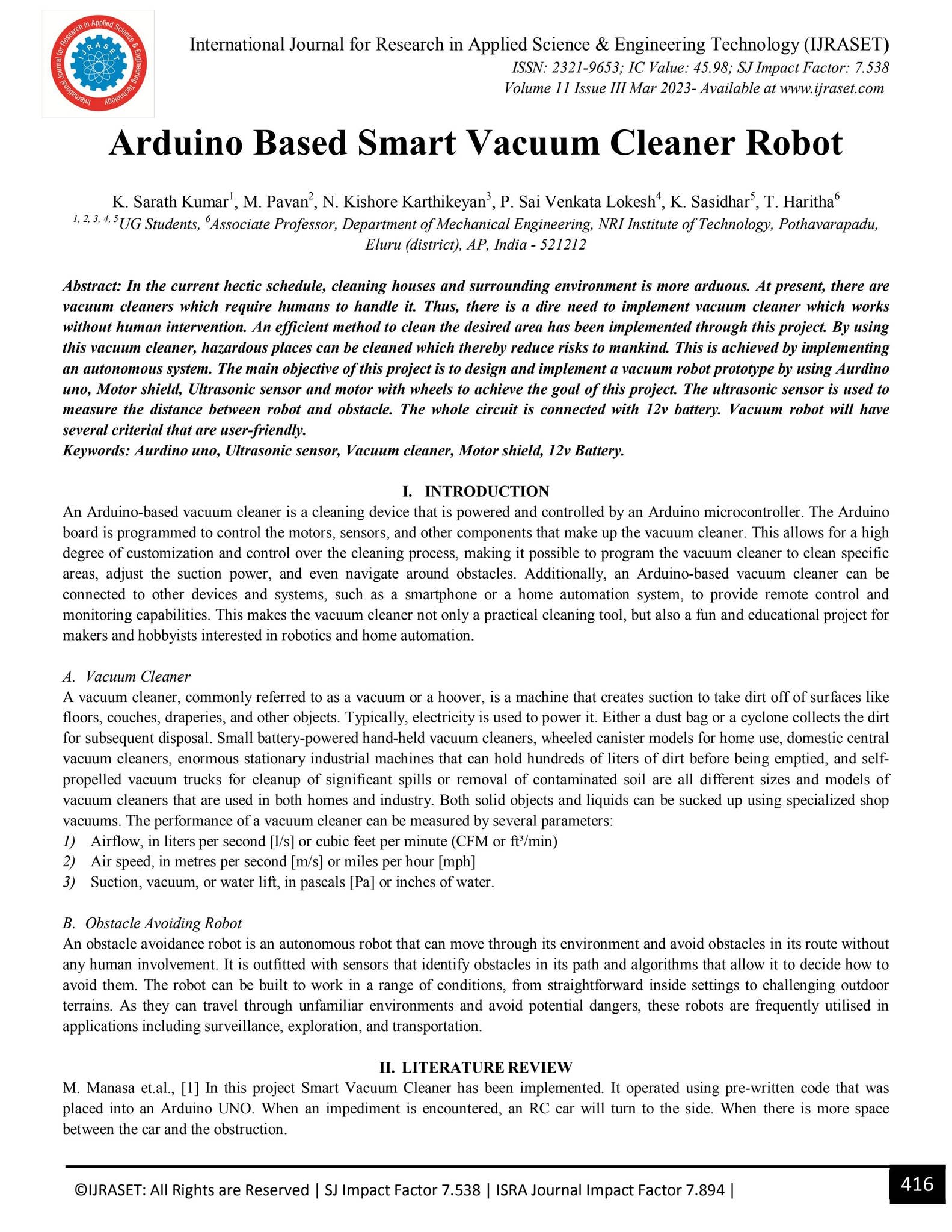 Arduino Based Smart Vacuum Cleaner Robot by IJRASET - Issuu