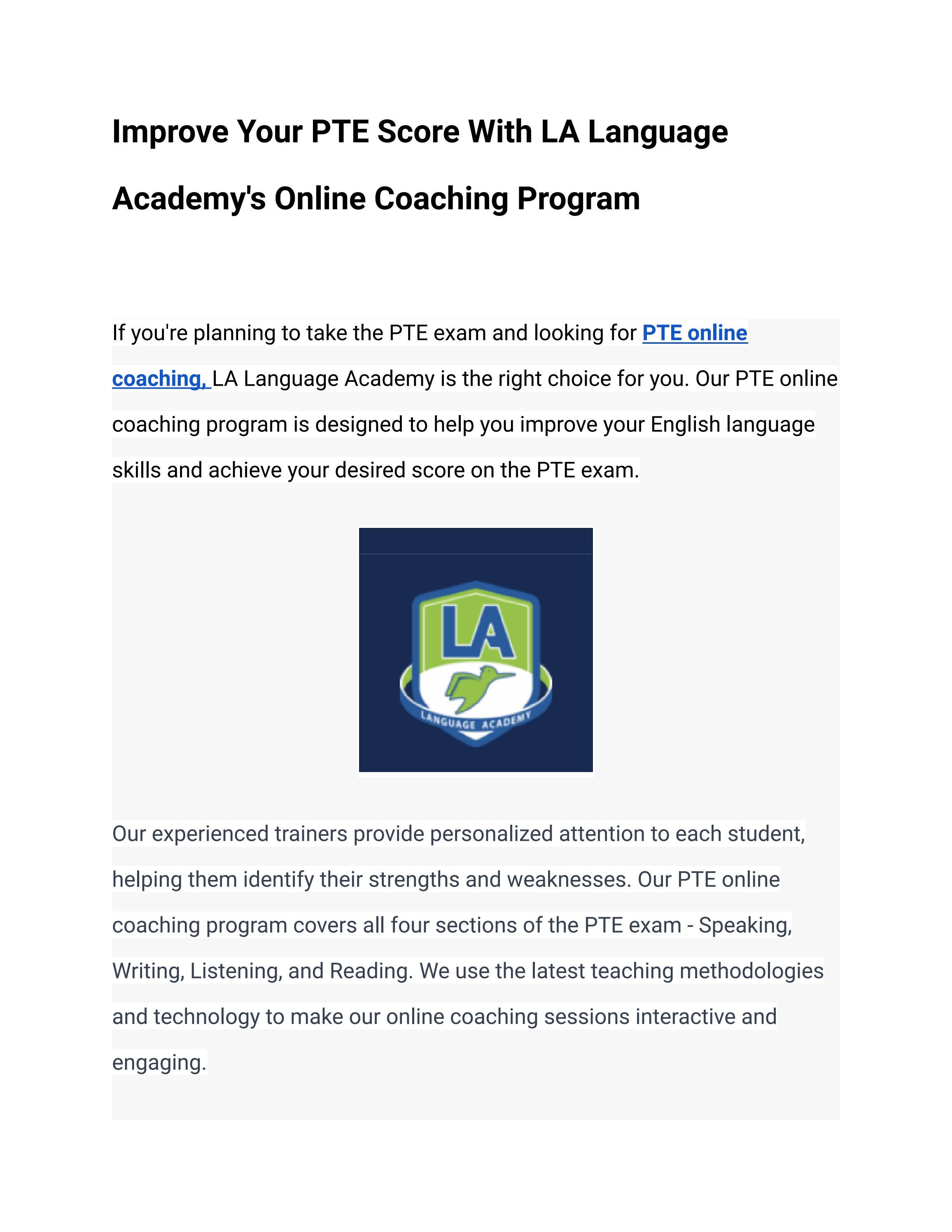 Improve Your PTE Score With LA Language Academy's Online Coaching ...