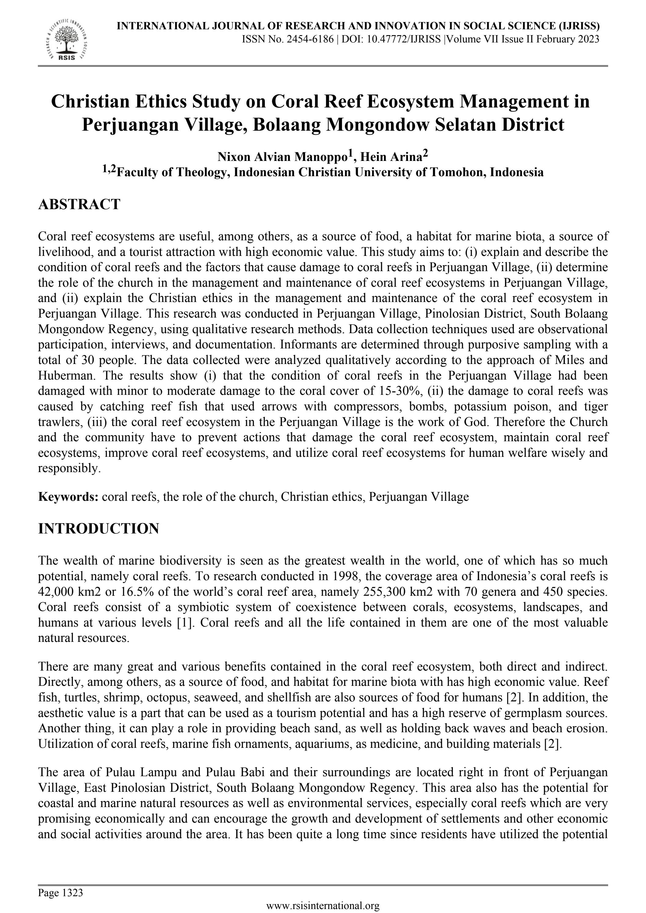 Christian Ethics Study on Coral Reef Ecosystem Management in Perjuangan ...