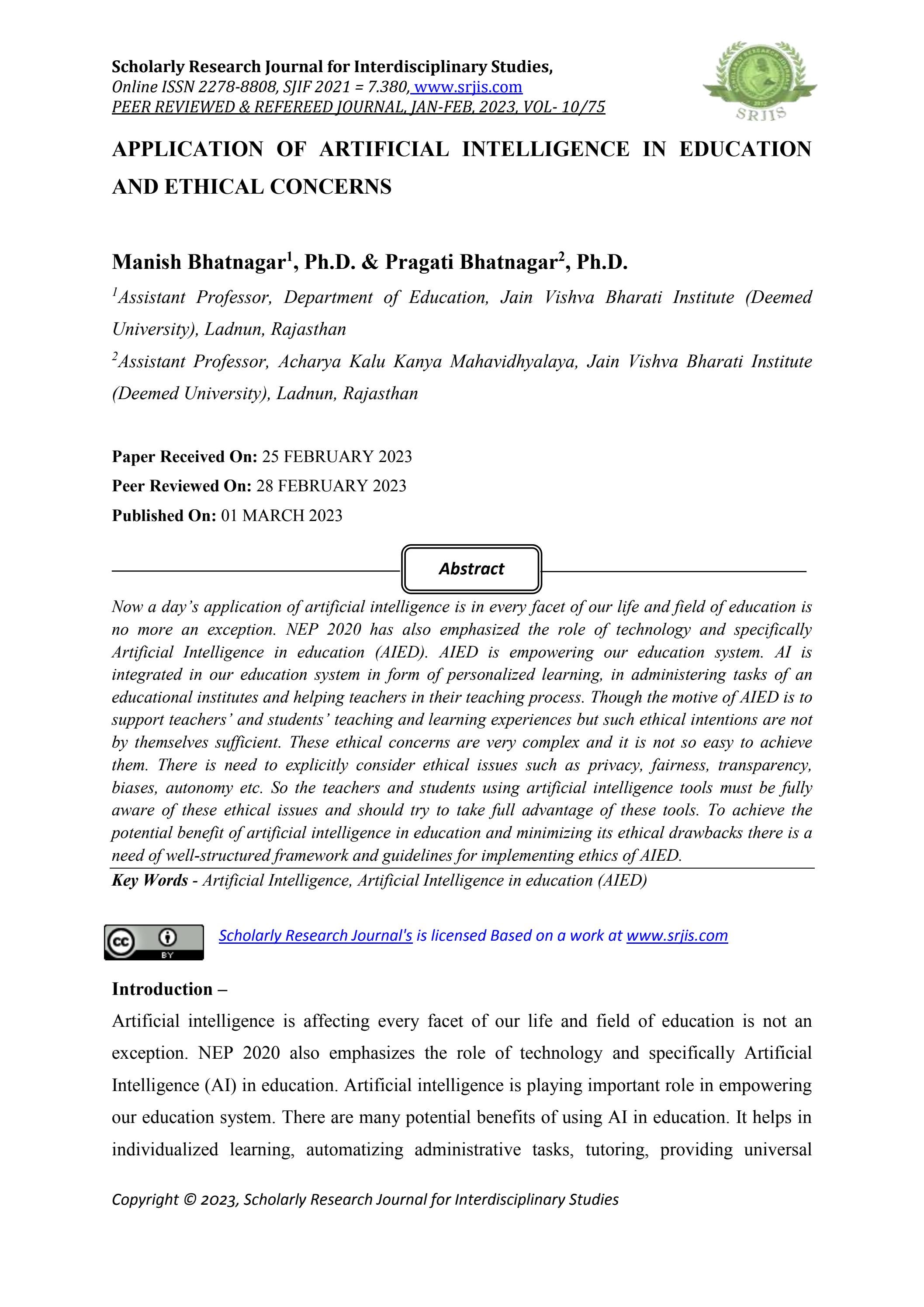 APPLICATION OF ARTIFICIAL INTELLIGENCE IN EDUCATION AND ETHICAL CONCERNS by Scholarly Research ...