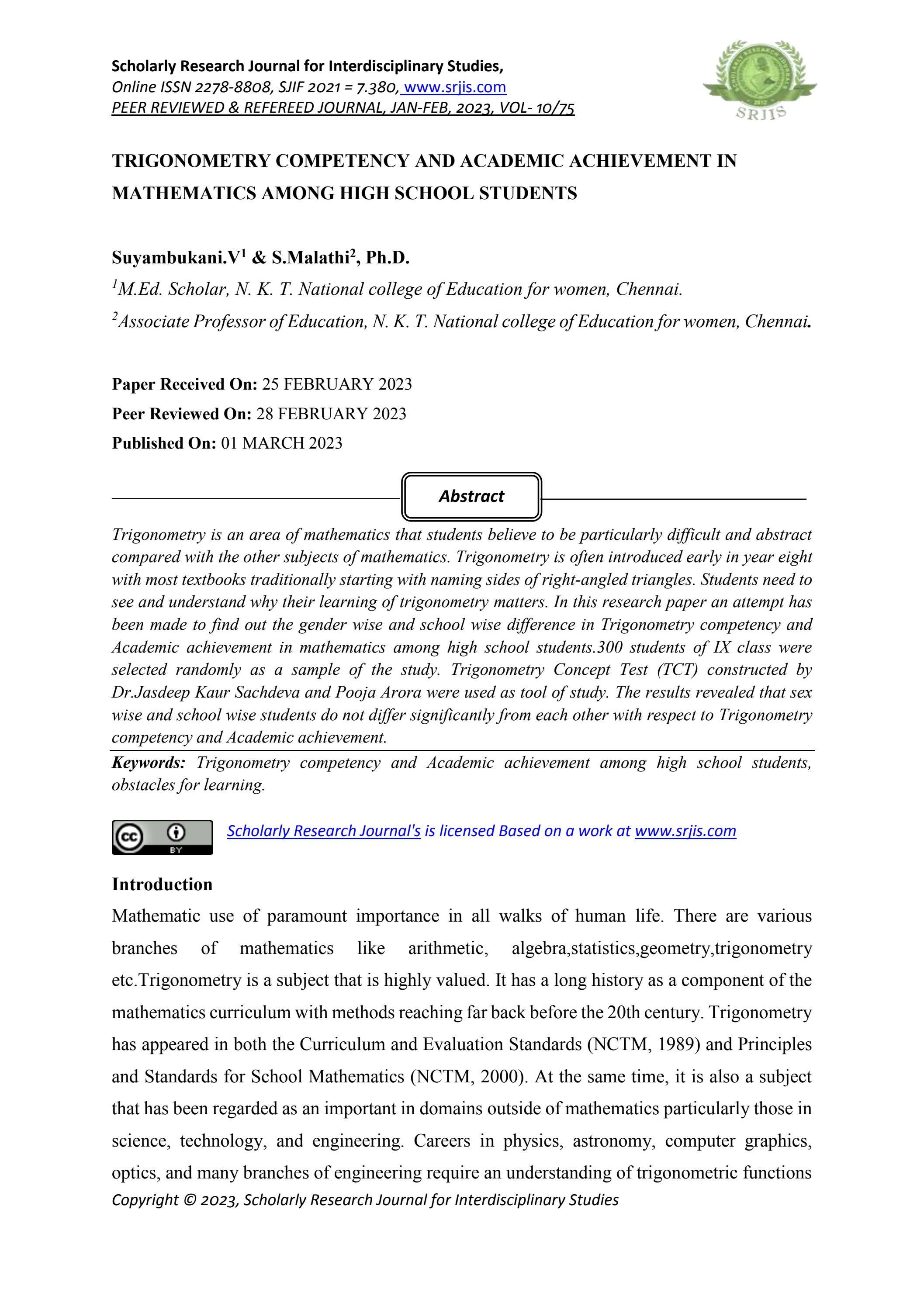 TRIGONOMETRY COMPETENCY AND ACADEMIC ACHIEVEMENT IN MATHEMATICS AMONG ...
