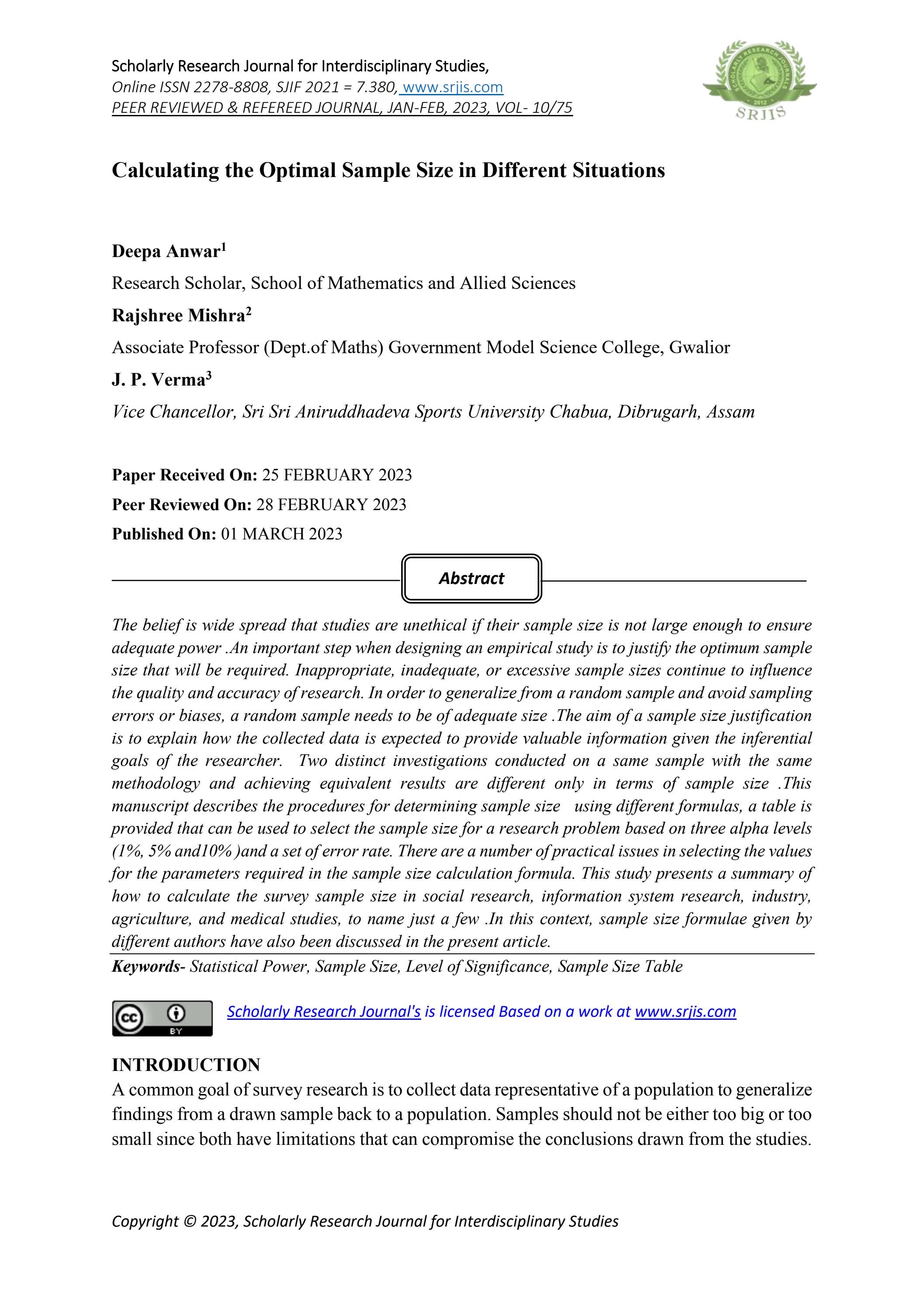 Calculating the Optimal Sample Size in Different Situations by ...