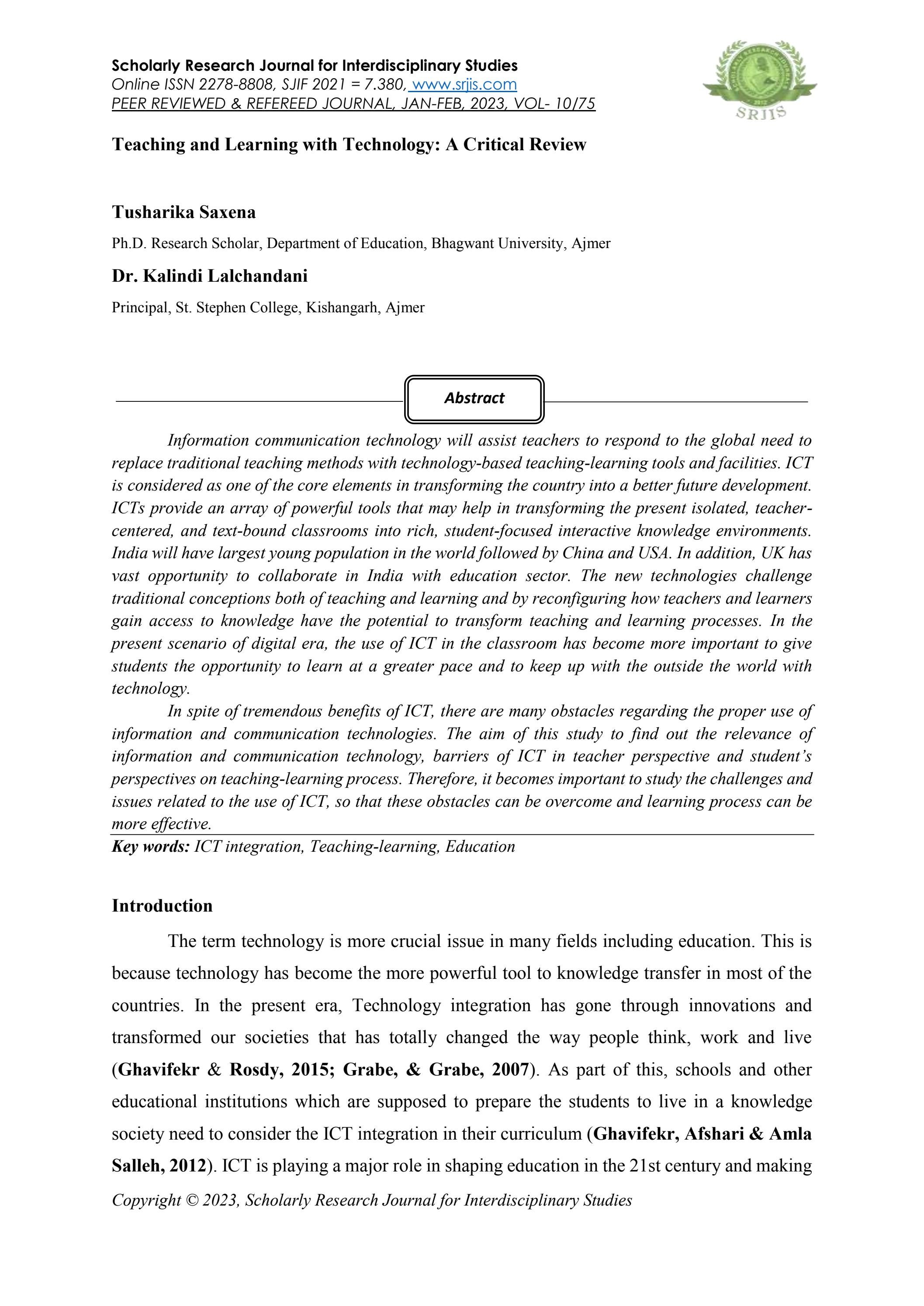 Teaching and Learning with Technology: A Critical Review by Scholarly ...