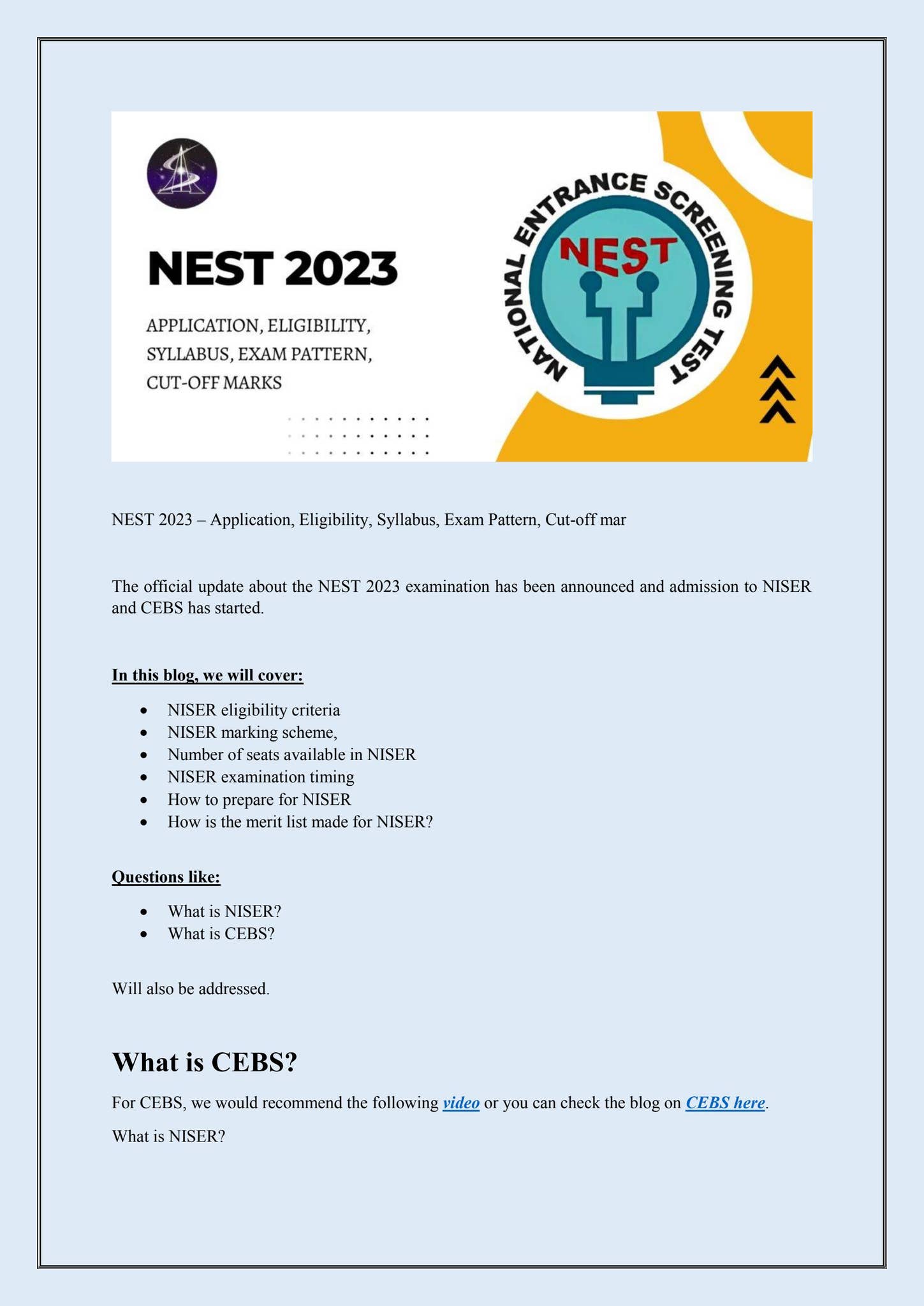 NEST 2023 – Application, Eligibility, Syllabus, Exam Pattern, Cut-off marks by Sciastra - Issuu