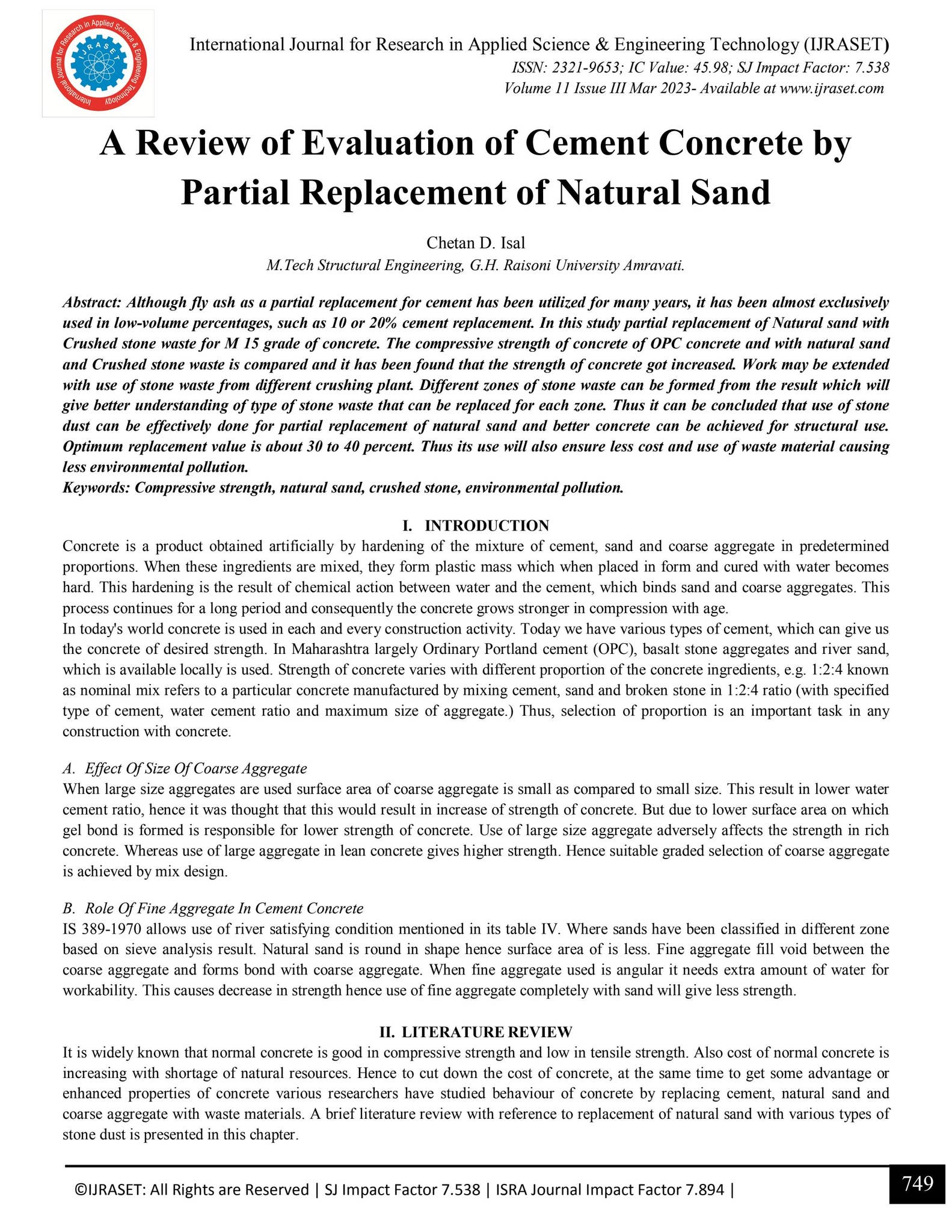 A Review of Evaluation of Cement Concrete by Partial Replacement of ...