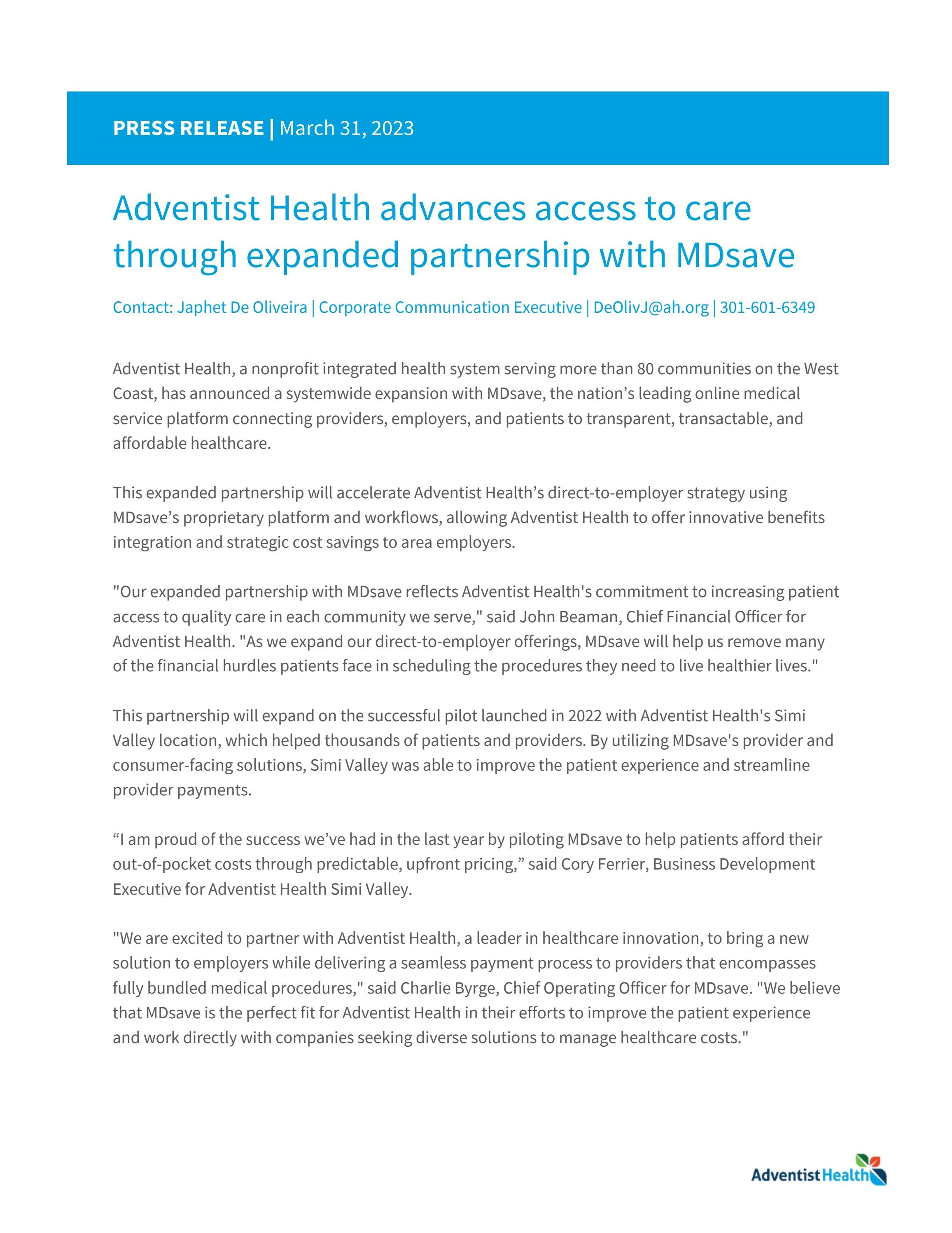MDsave Expands Partnership with Adventist Health by MDsave - Issuu