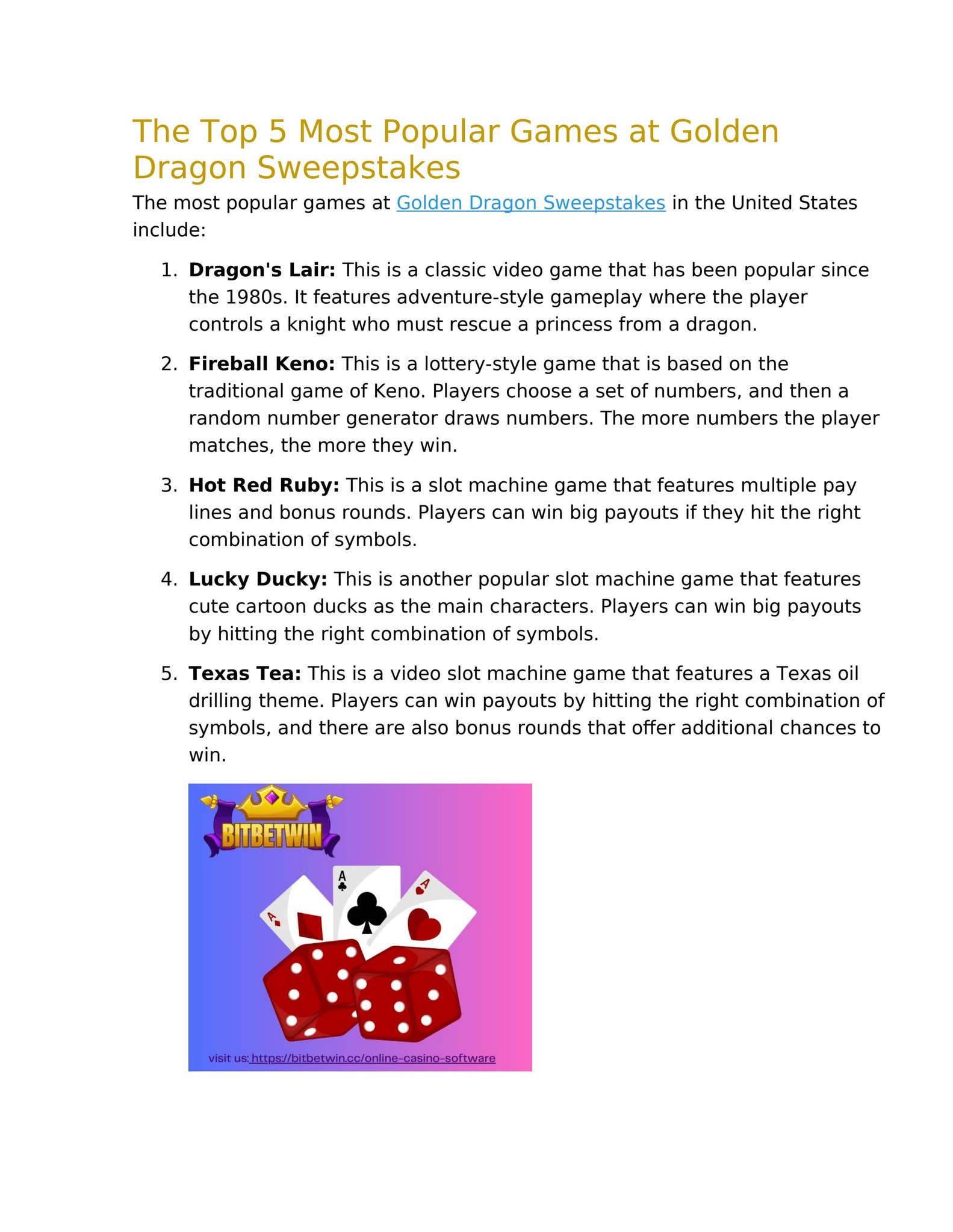 The Top 5 Most Popular Games at Golden Dragon Sweepstakes by Larissa ...