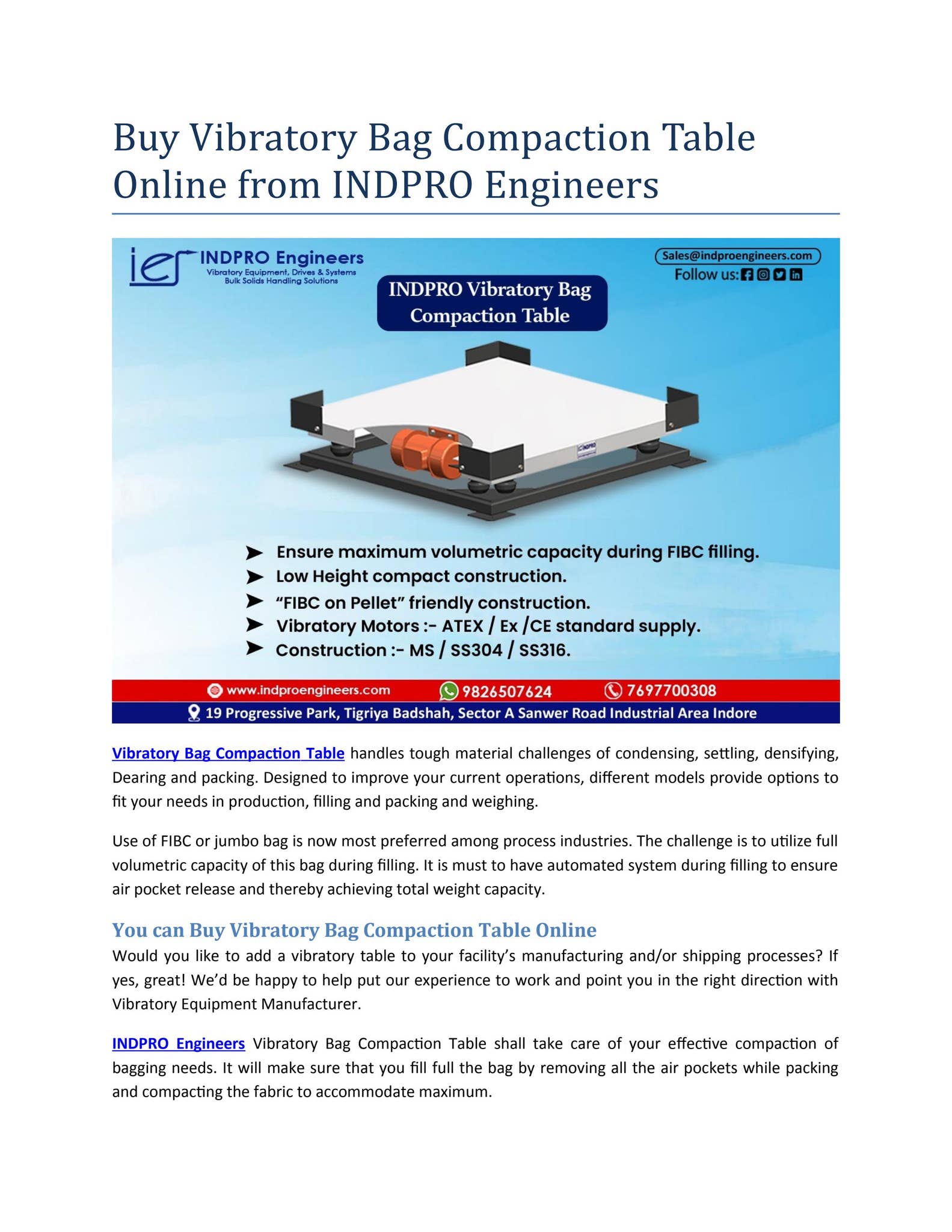 Buy Vibratory Bag Compaction Table Online from INDPRO Engineers by ...
