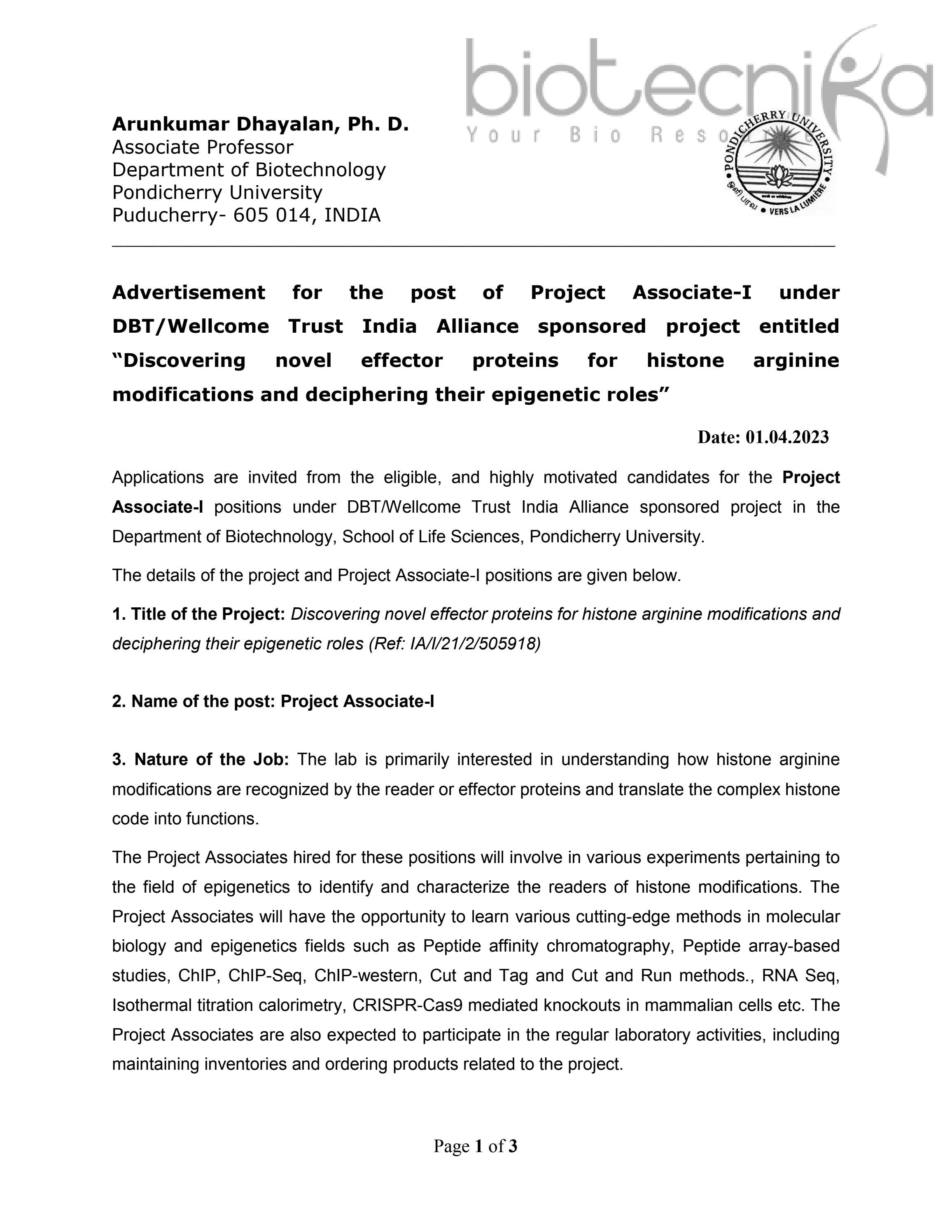Pondicherry University Project Associate Job In DBT/Wellcome Trust ...