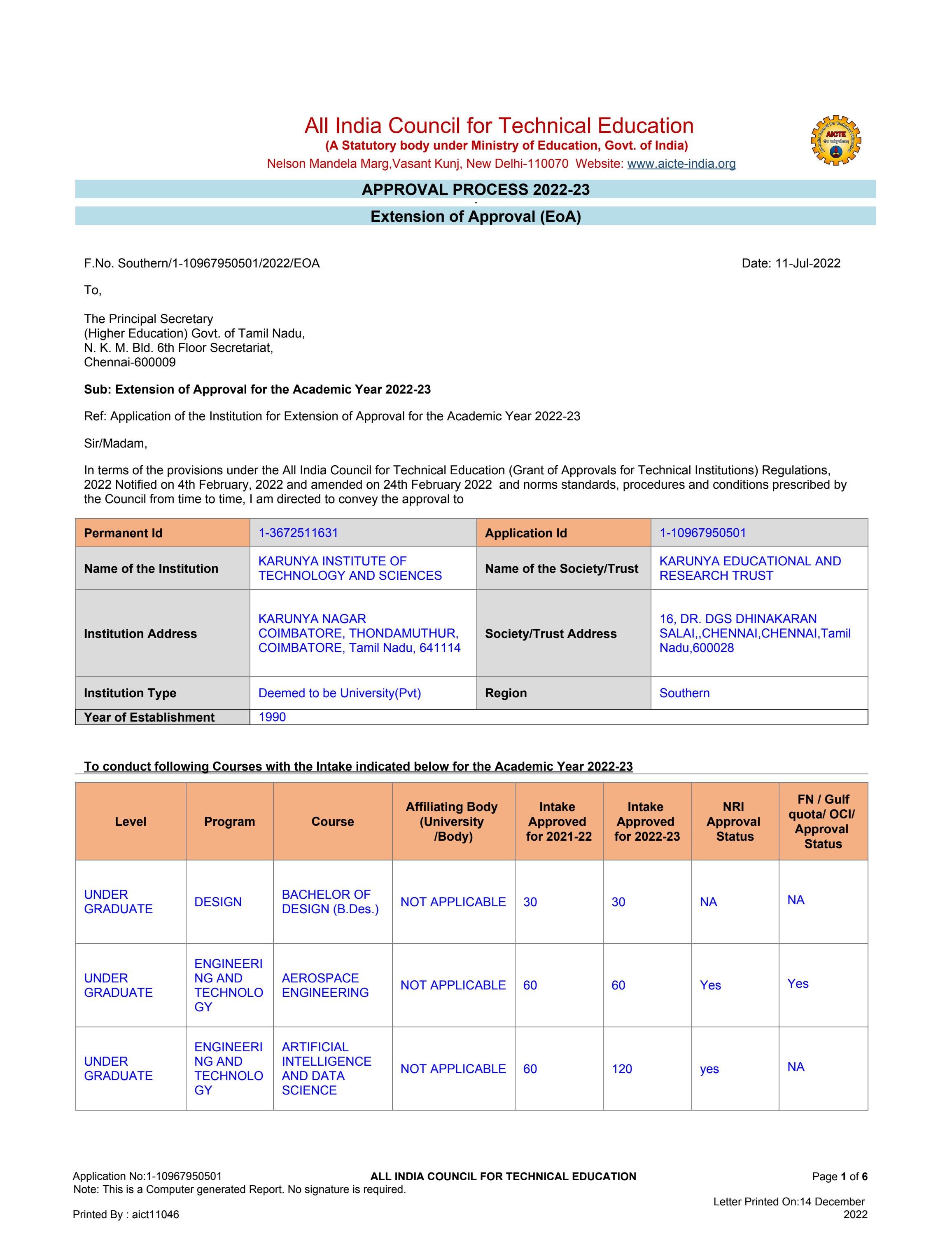 AICTE Approval 2022-23 by Karunya Institute of Technology and Sciences ...