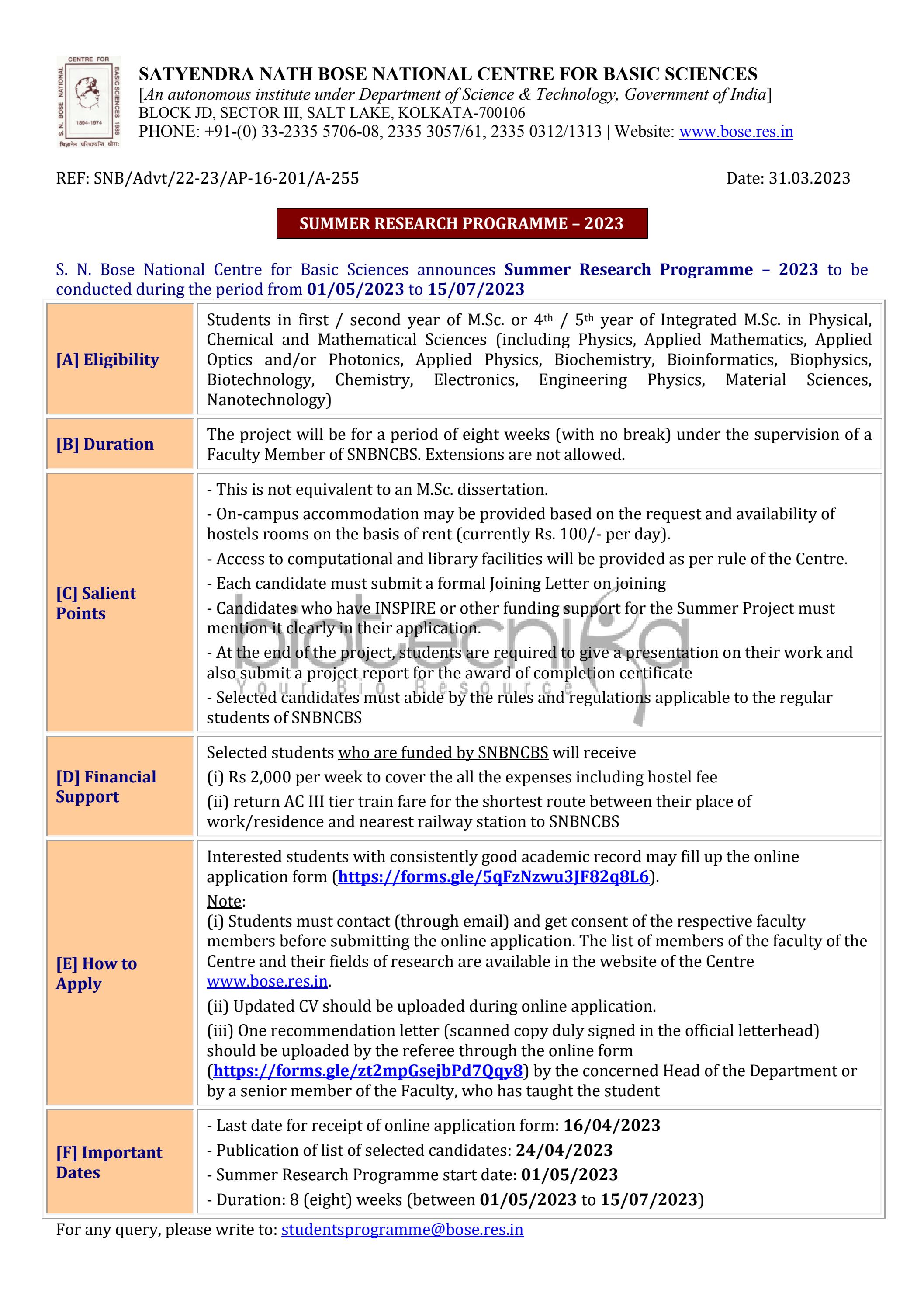 SNBNCBS Summer Research Programme 2023 Registrations Open, Apply Online ...