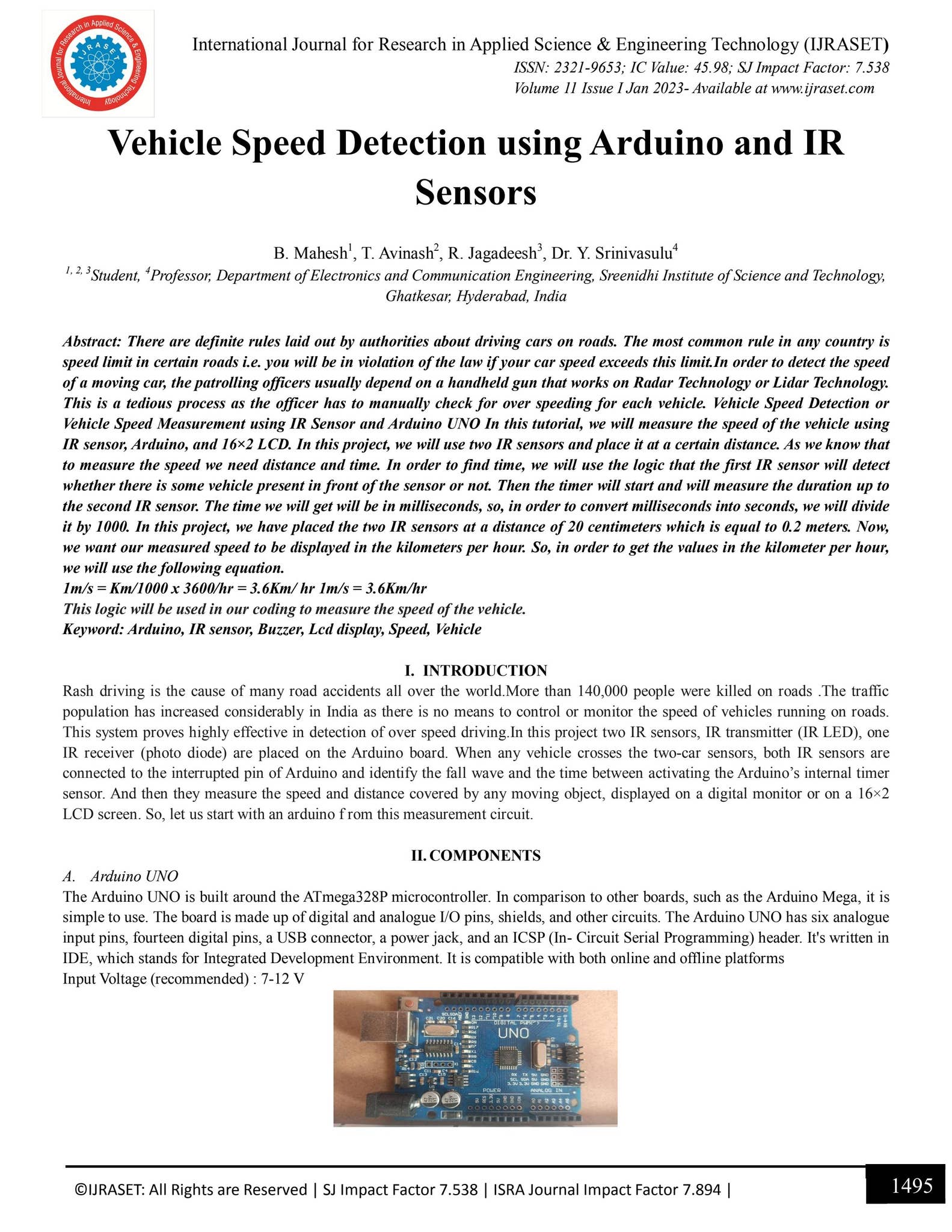 Vehicle Speed Detection Using Arduino And Ir Sensors By Ijraset Issuu