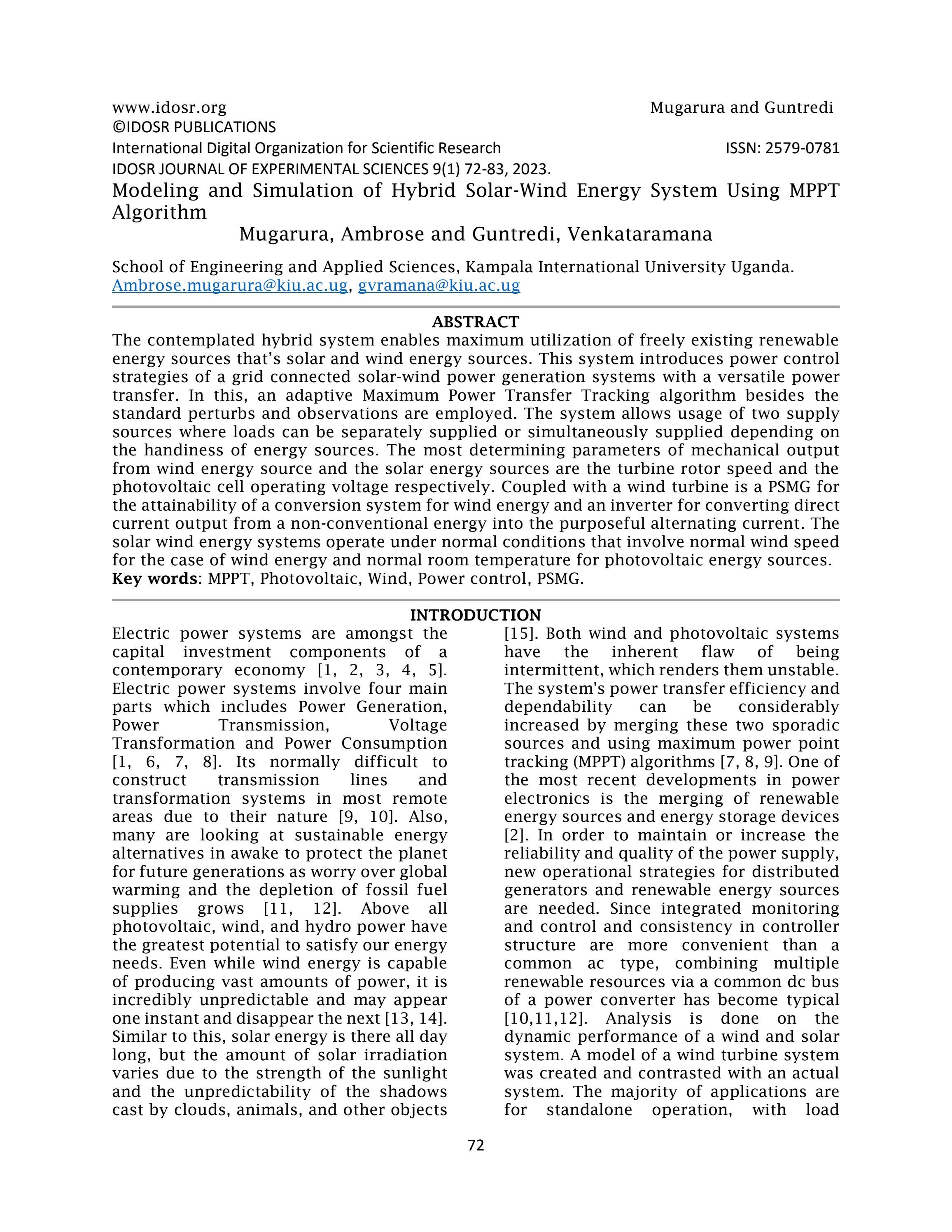 Modeling and Simulation of Hybrid Solar-Wind Energy System Using MPPT ...