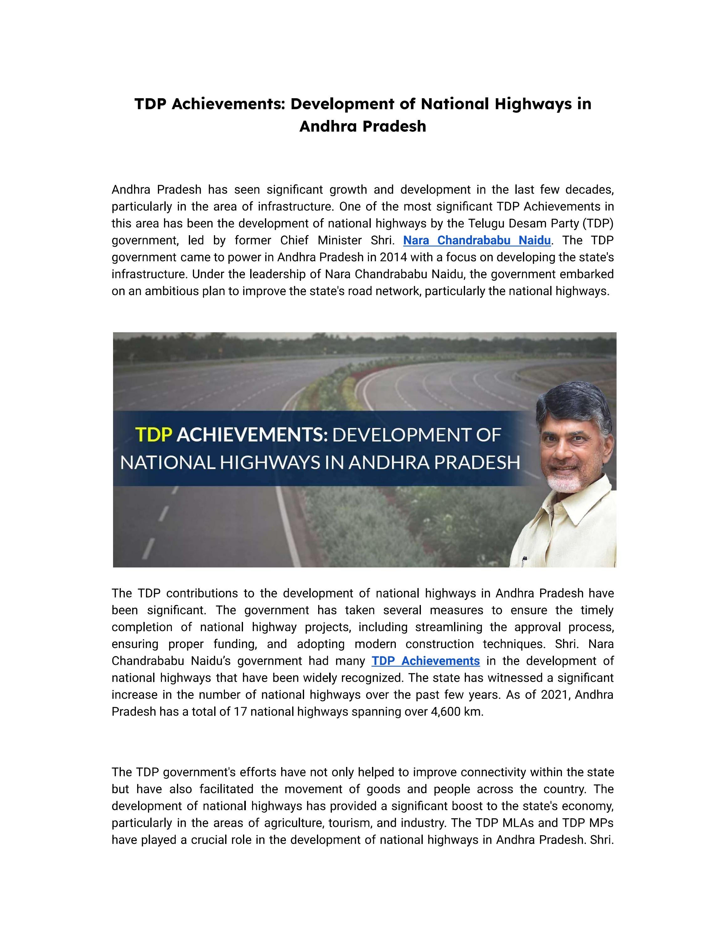 TDP Achievements: Development of National Highways in Andhra Pradesh by ...