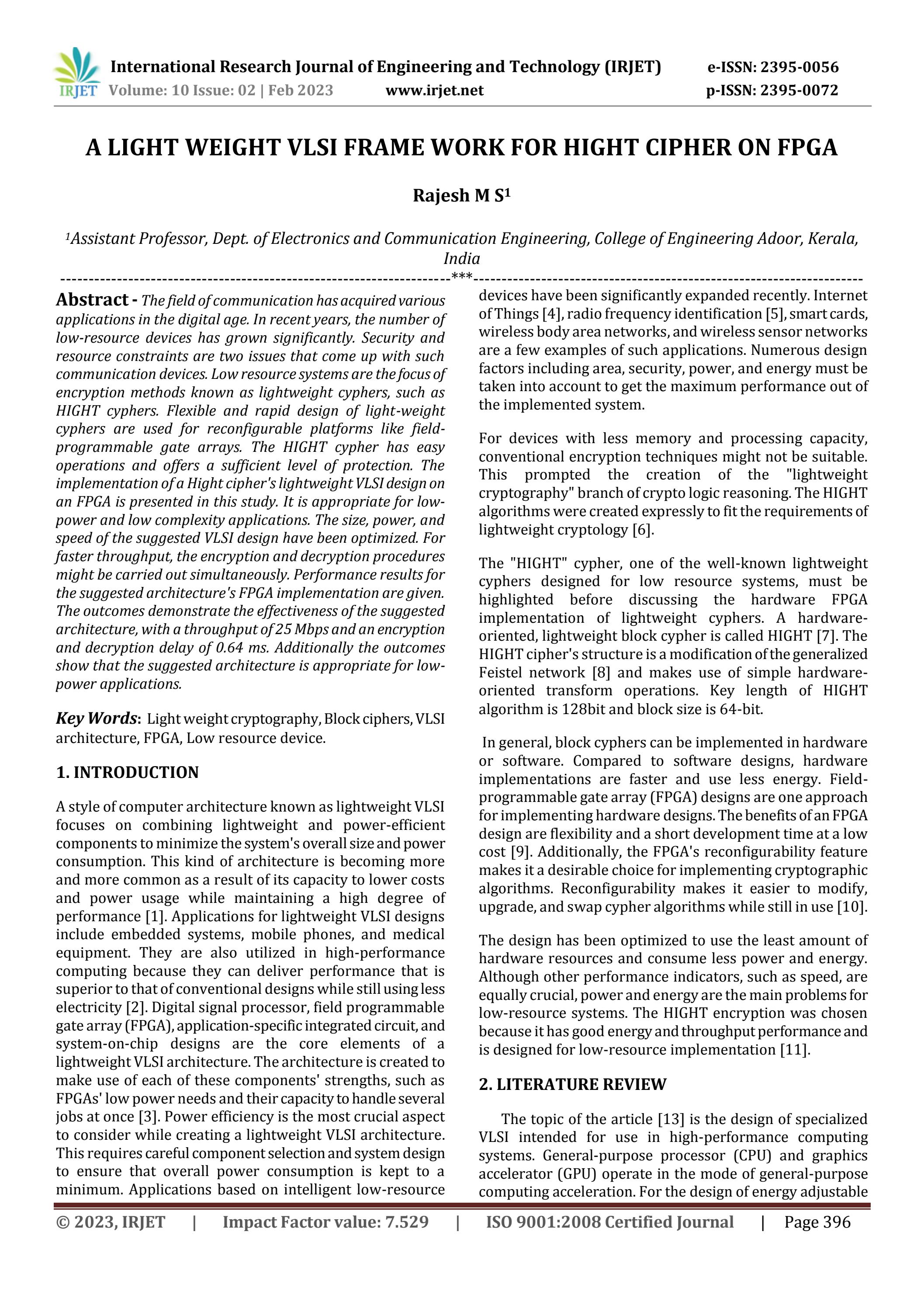 A LIGHT WEIGHT VLSI FRAME WORK FOR HIGHT CIPHER ON FPGA by IRJET ...