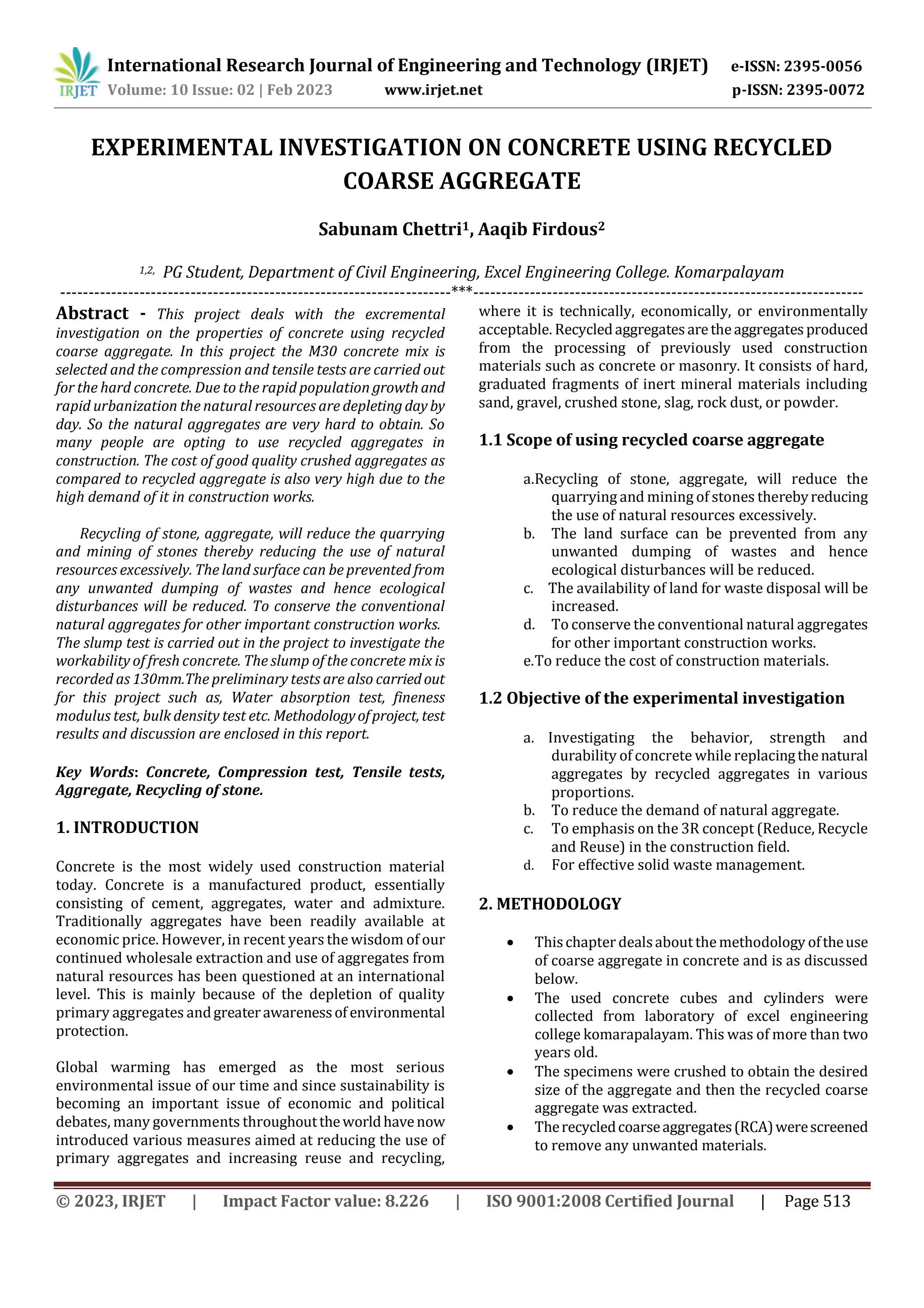 EXPERIMENTAL INVESTIGATION ON CONCRETE USING RECYCLED COARSE AGGREGATE by IRJET Journal - Issuu